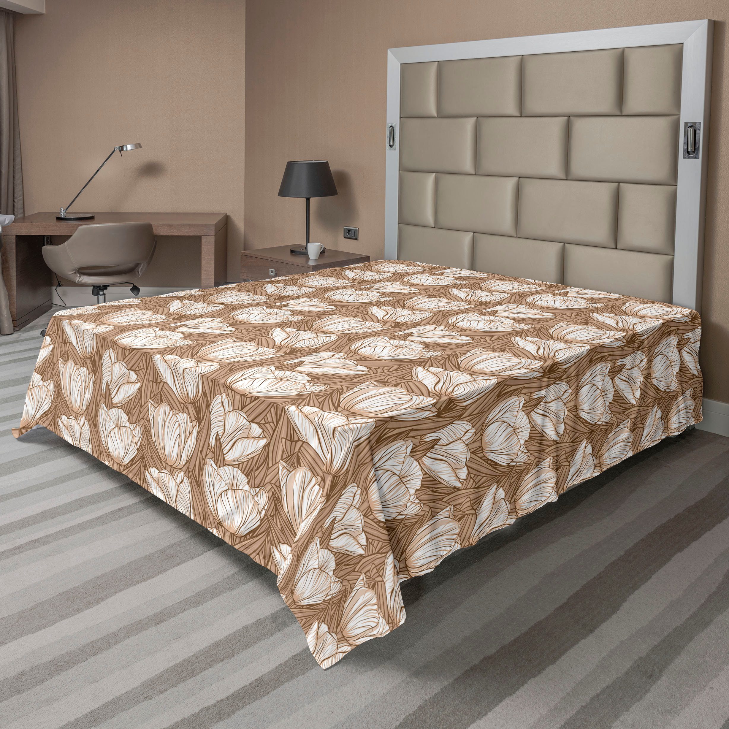 Ambesonne Floral Flat Sheet Abstract Tulips Retro Art Pale Brown White ...