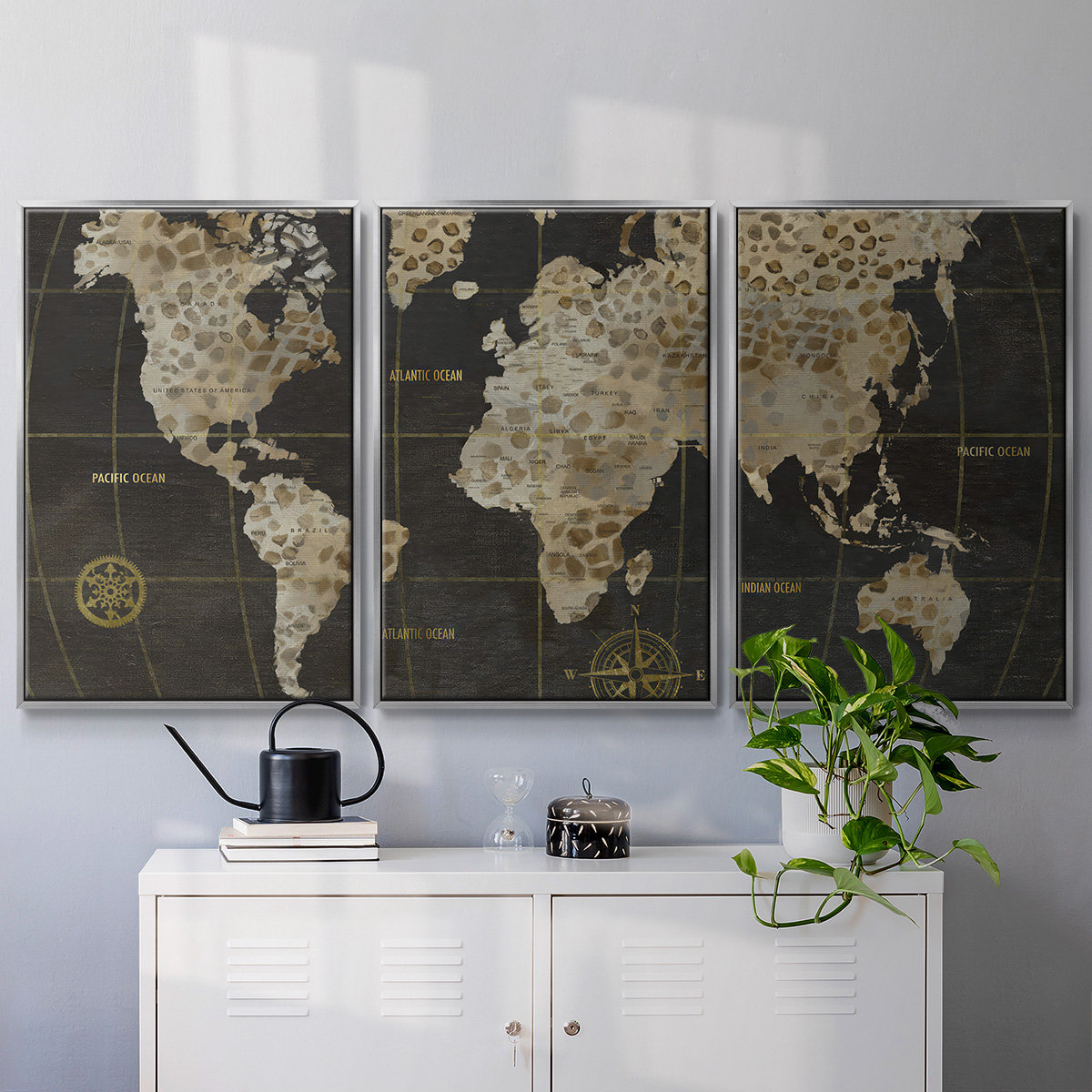 Breakwater Bay Safari World Map - 3 Piece Floater Frame Print on Canvas ...