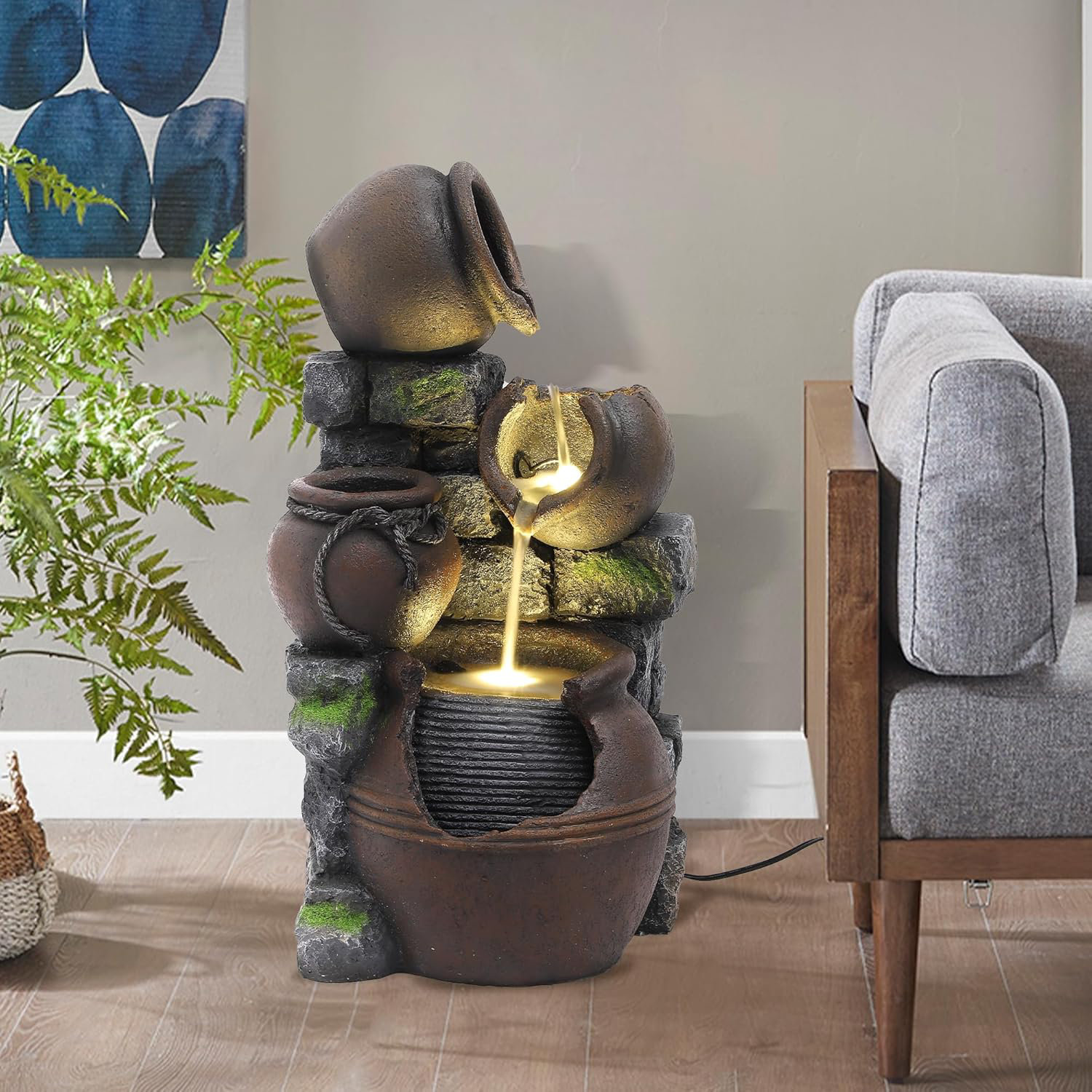 Millwood Pines Outdoor Water Fountain with Flower Pot and Lights ...