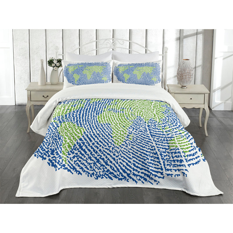 Ambesonne World Map Bedspread Fingerprint World Map Navy Blue Green ...
