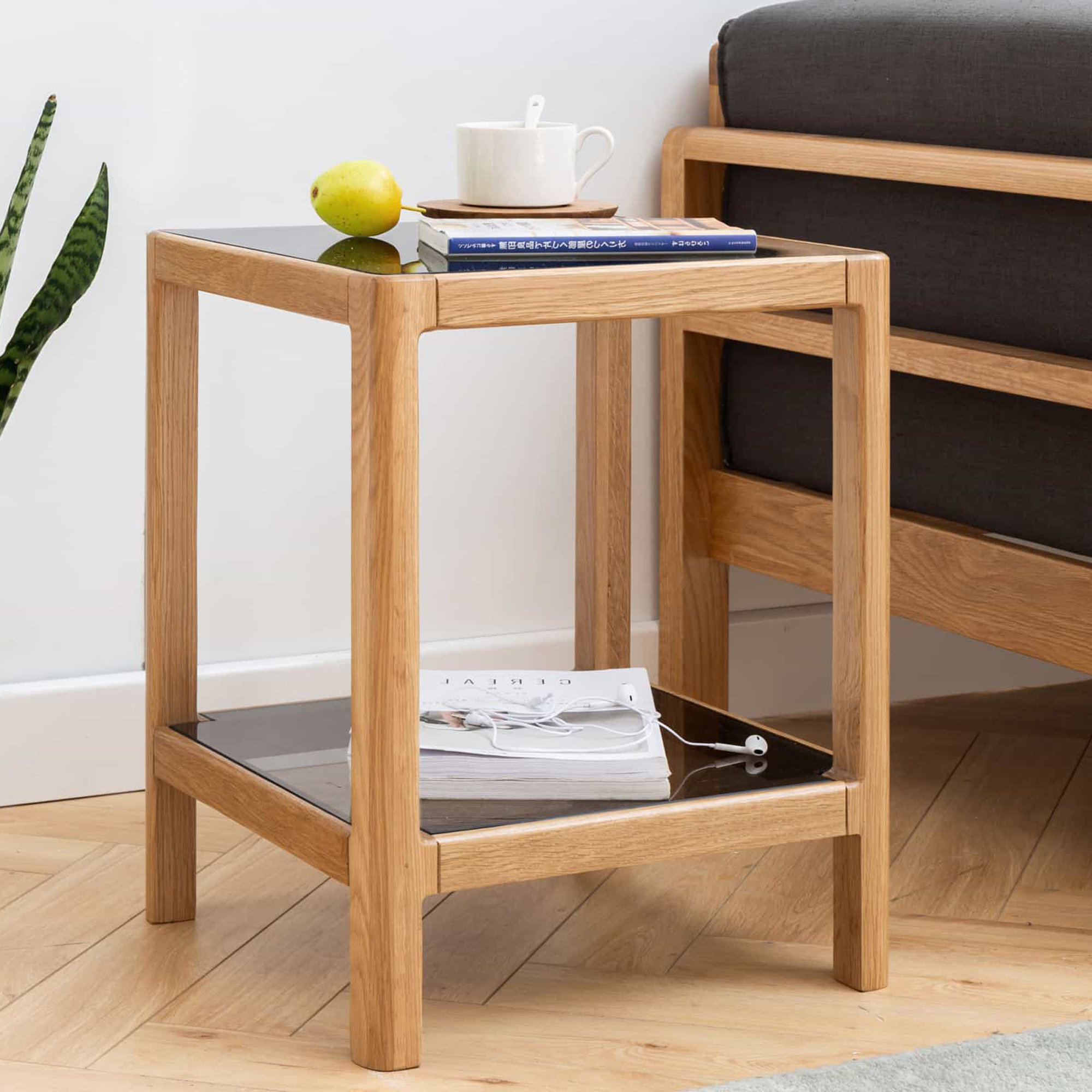 Ebern Designs Natural Oak Wood End Table With Tempered Glass For Living ...