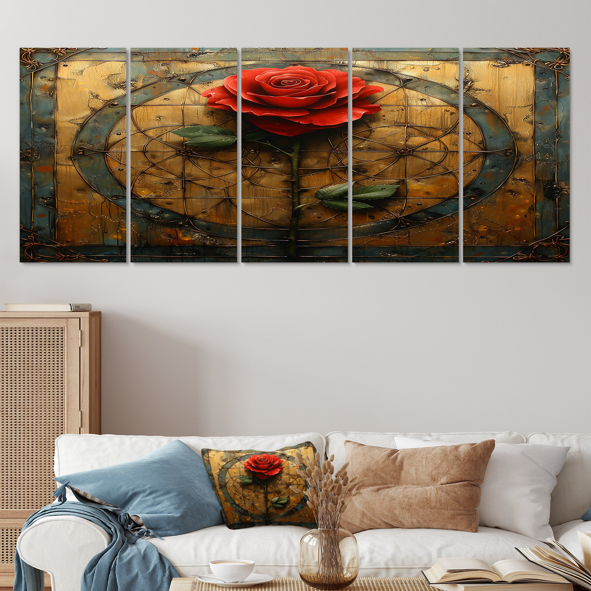 Design Art Red Rose Geometric Vintage Gold II - Rose Wall Art 5 Piece ...