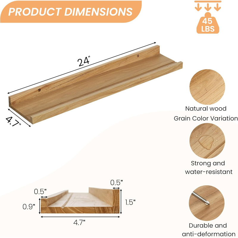 Gracie Oaks Wood Picture Ledge Shelf Floating Shelves With Lip Set Of 2 ...