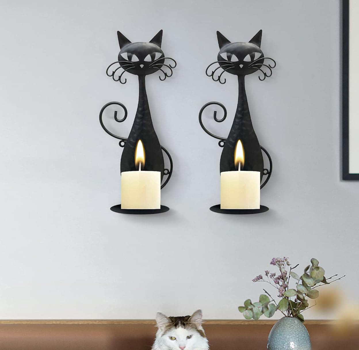 Lark Manor™ Black Metal Cat Wall Candle Sconces - Holder for Both ...