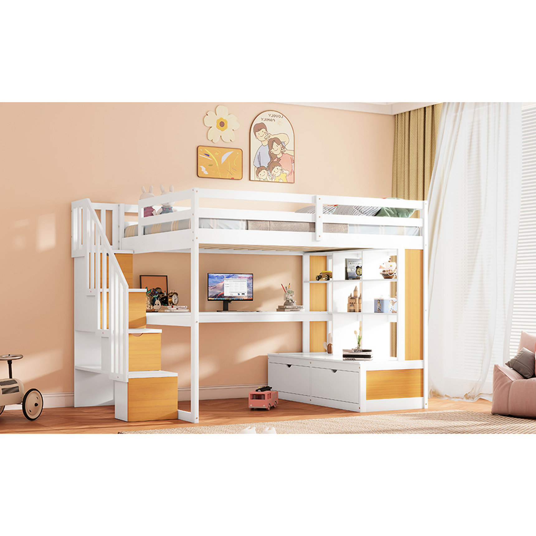 Corrigan Studio® Natural White Full Size Loft Bed With Desk, Shelves ...