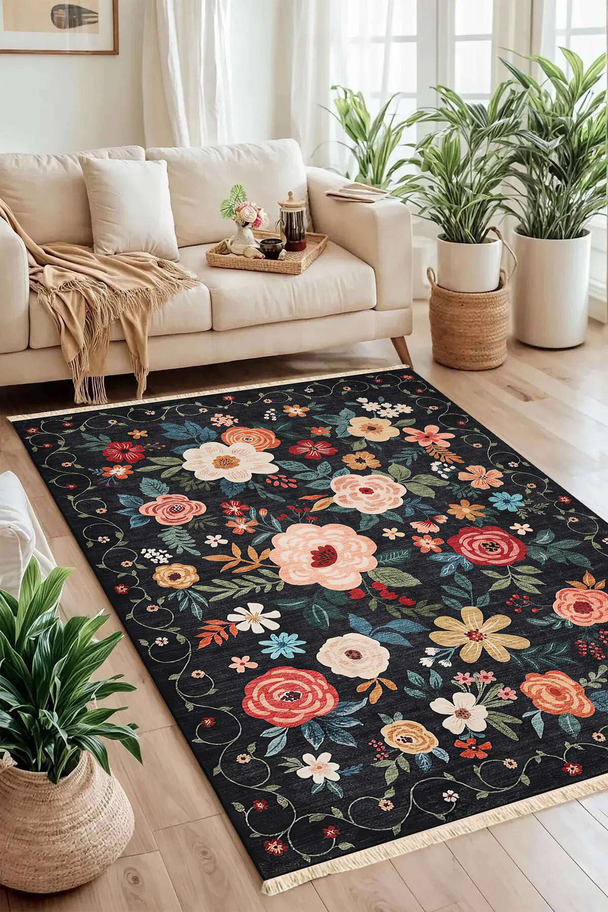 SpiritHome Midnight Field of Flowers Area Rug | Wayfair