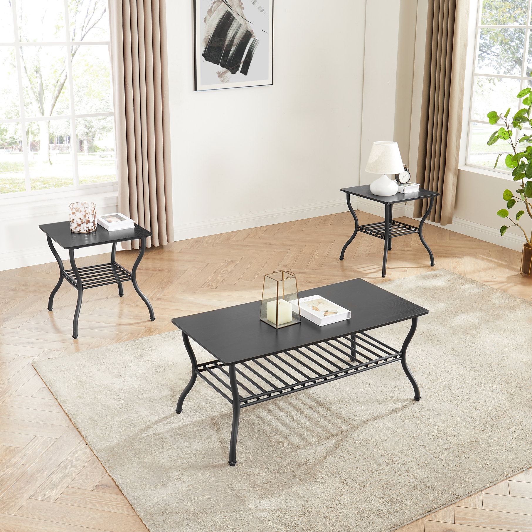 George Oliver Contemporary 3 Coffee Table , Rectangular And 2 Square Side Tables, Base, Black ...