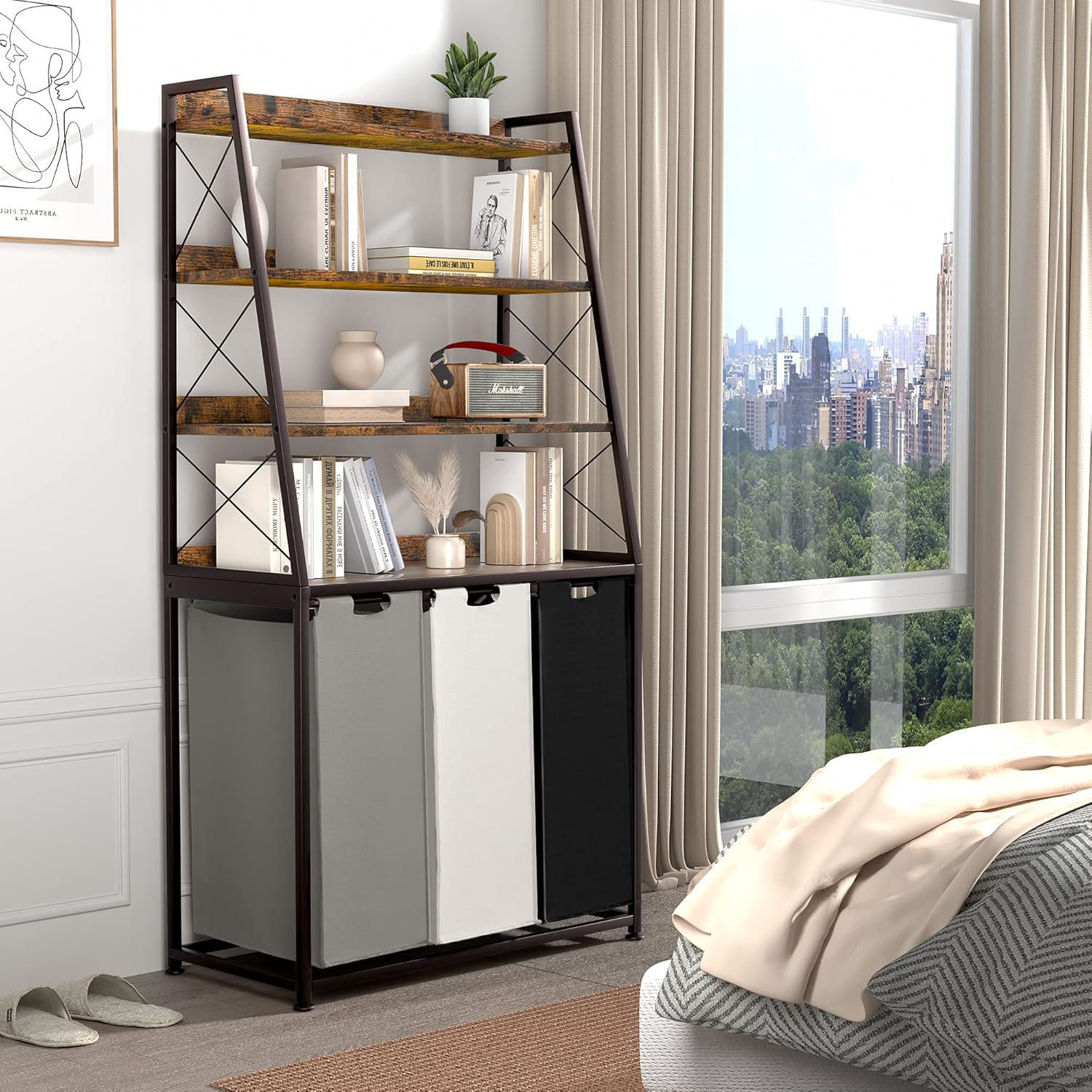 yitesiUSA 3 Section Laundry Hamper With 4 Tiers Shelf, Pull-Out And ...