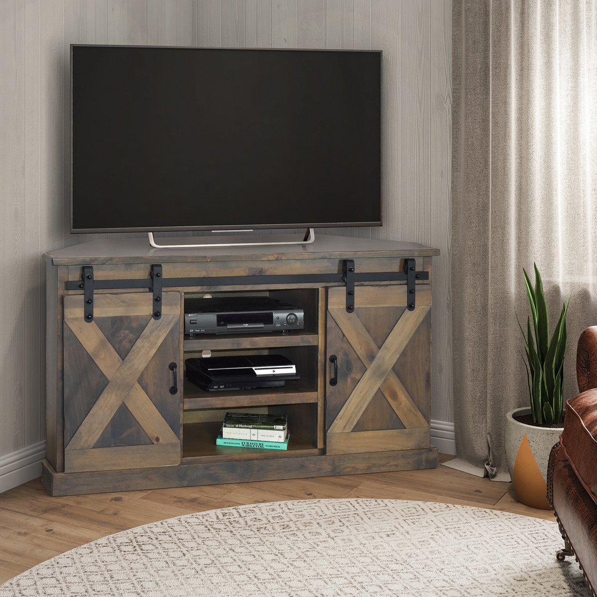 Gracie Oaks Home Farmhouse 56 Inch Corner TV Stand For Tvs Up To 60 ...