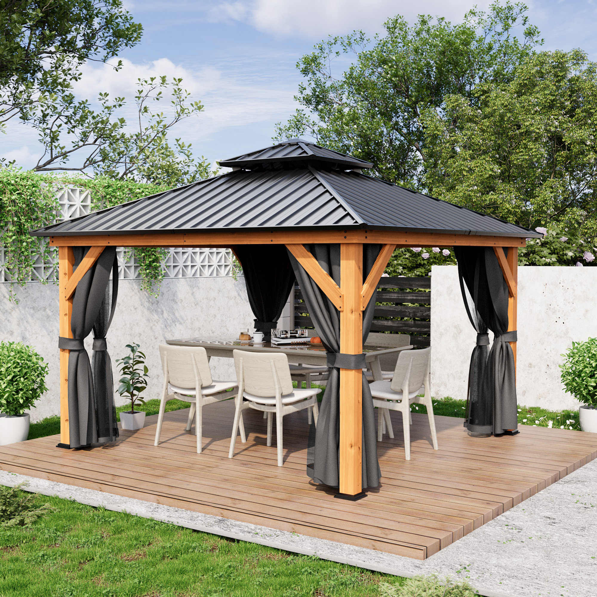 EGEIROS LIFE Wood Patio Gazebo with Double Roof Hardtop and Curtains ...