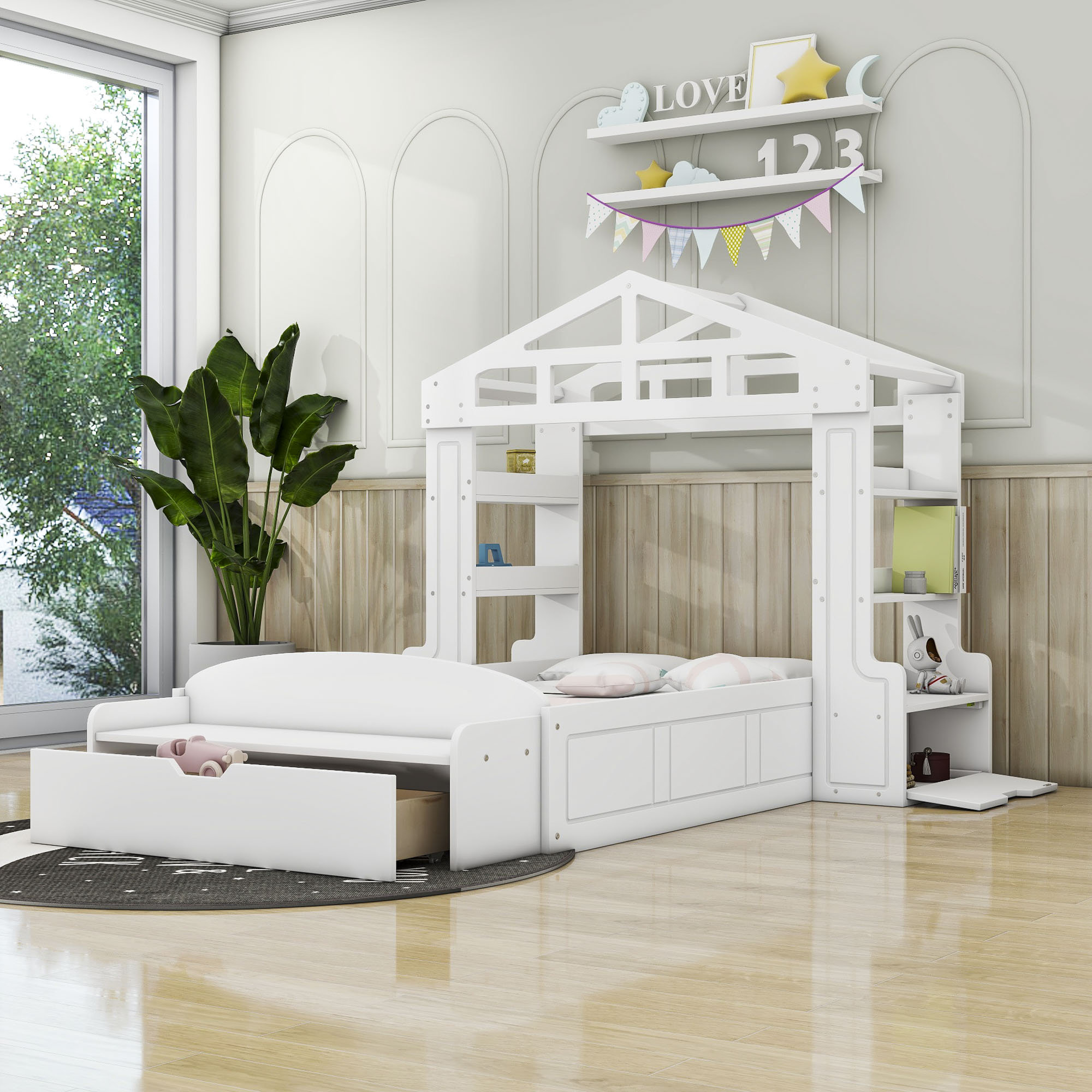 Latitude Run® Xandrea Twin Wood House Bed with Bench, Socket and ...