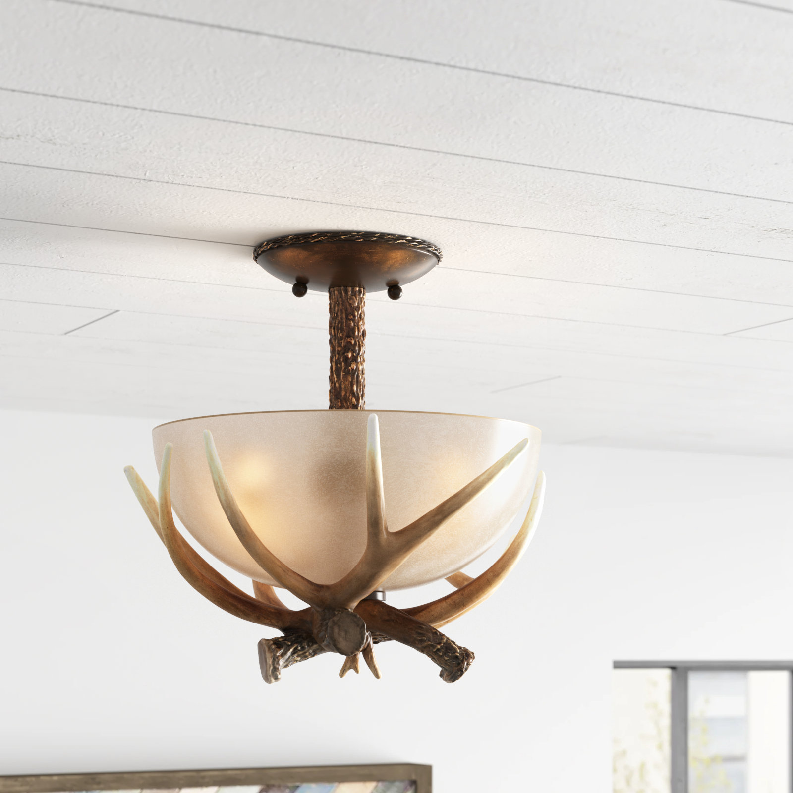 Millwood Pines Crotts Semi Flush Mount Light Fixture Rustic Antler ...