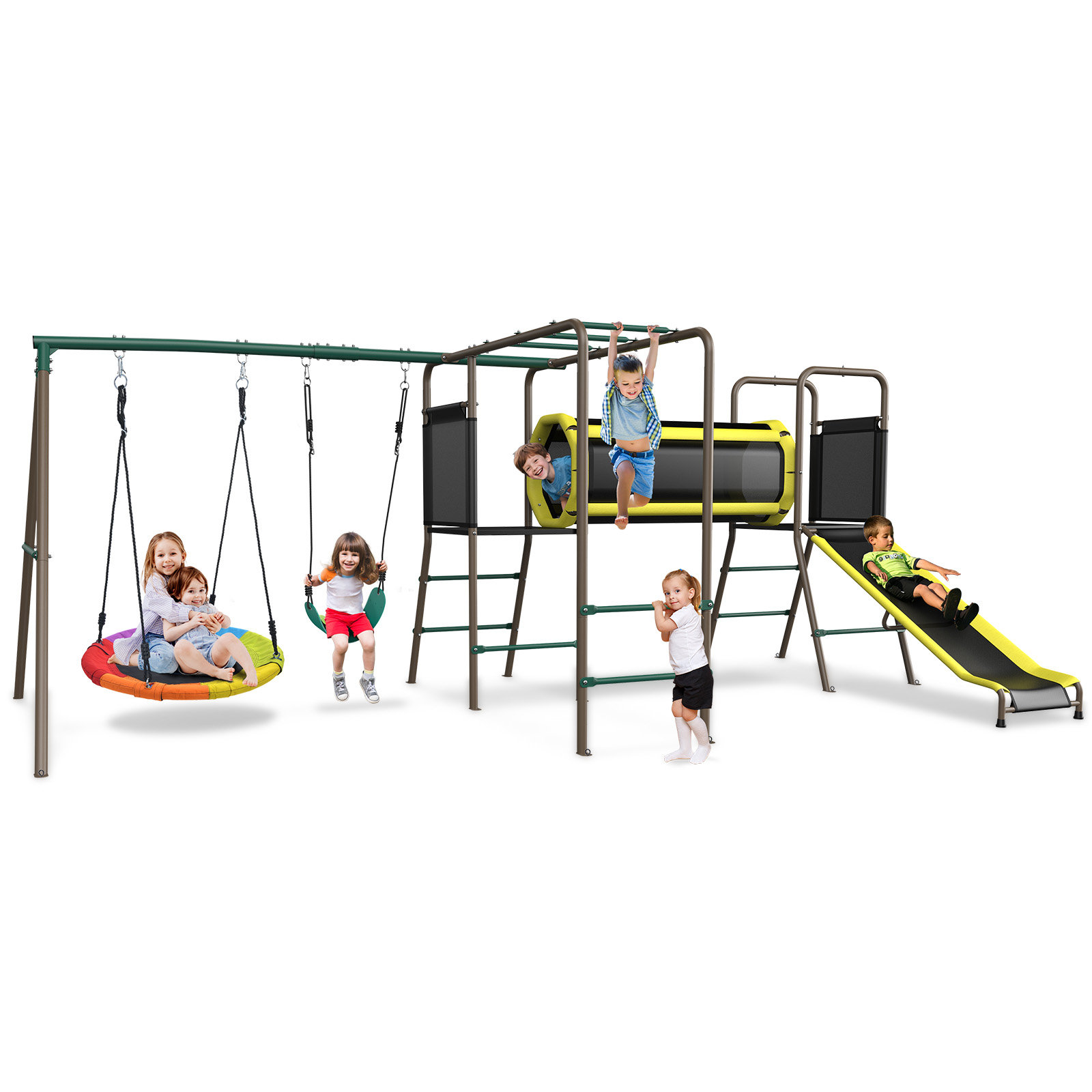 Klo Kick Swing Sets For Backyard With Monkey Bars, Mesh Tunnel, Slide ...