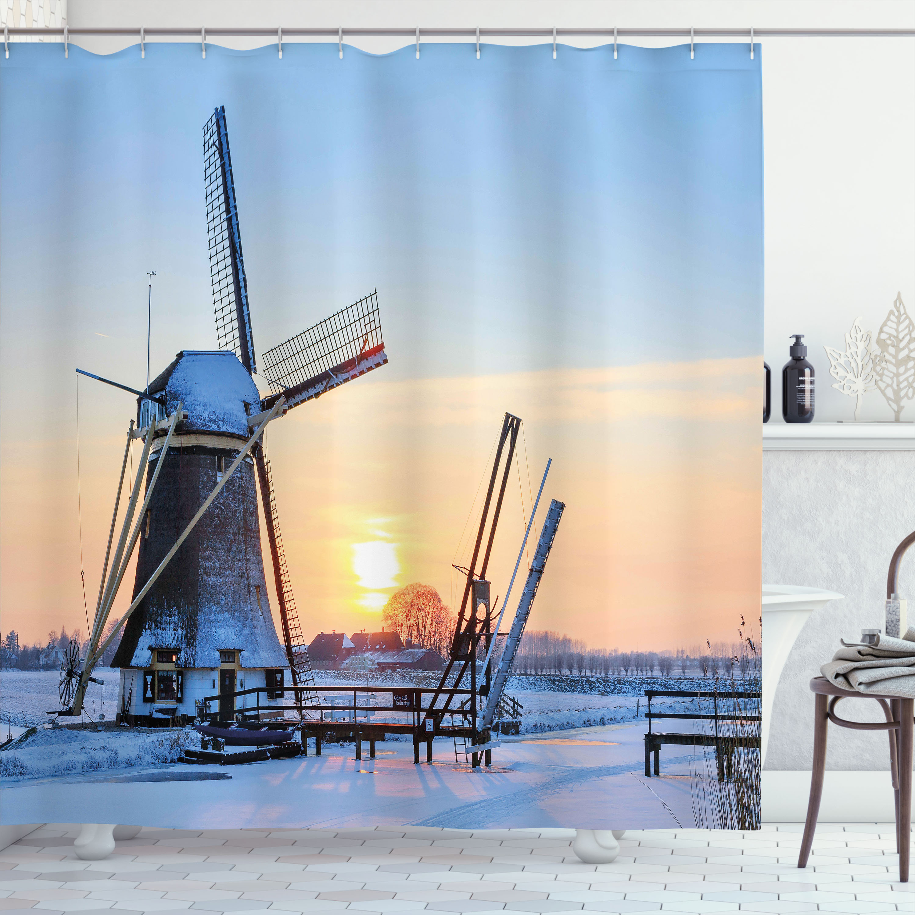 East Urban Home Windmill Shower Curtain Icy Dutch River Sunset Pale ...