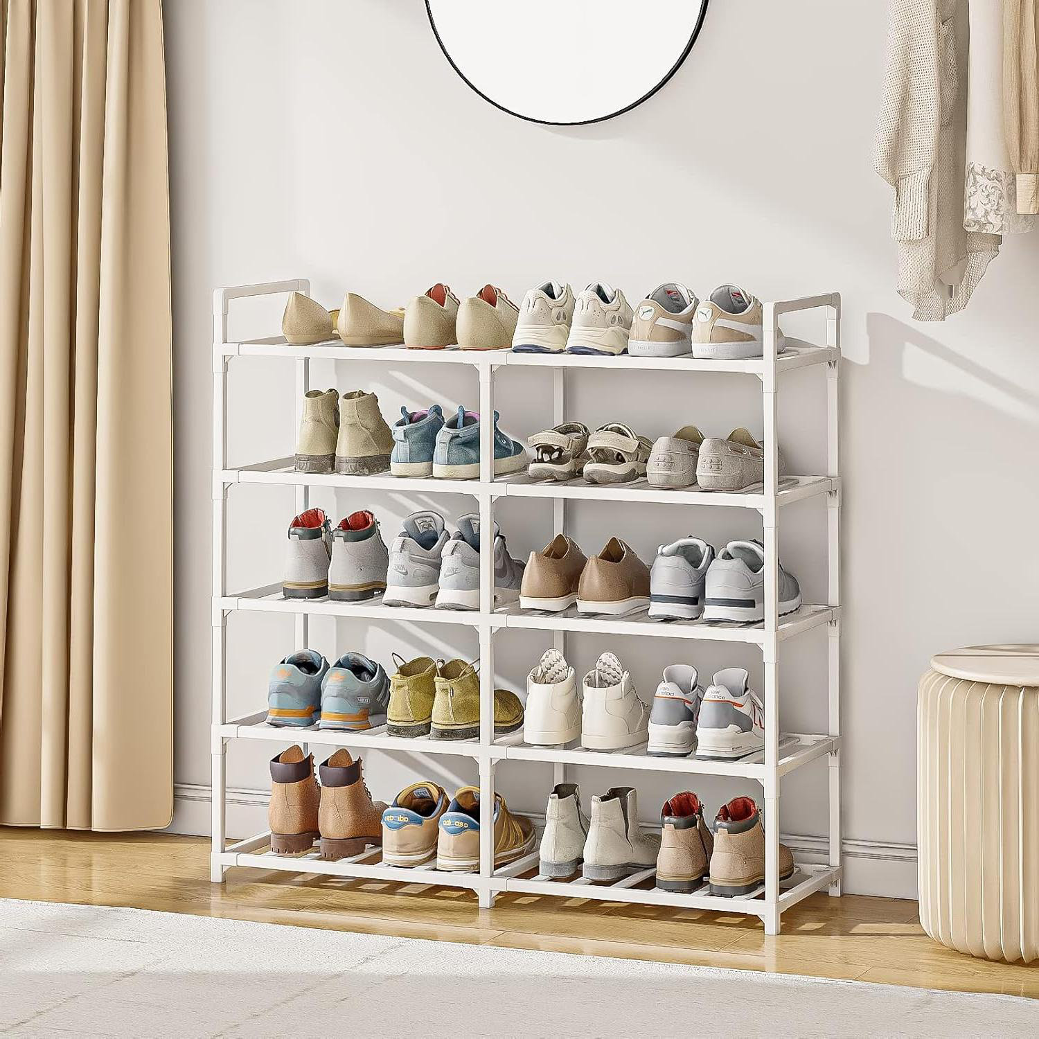 Rebrilliant Bamboo White Multi-Tier Free Standing Stackable Shoe Rack ...