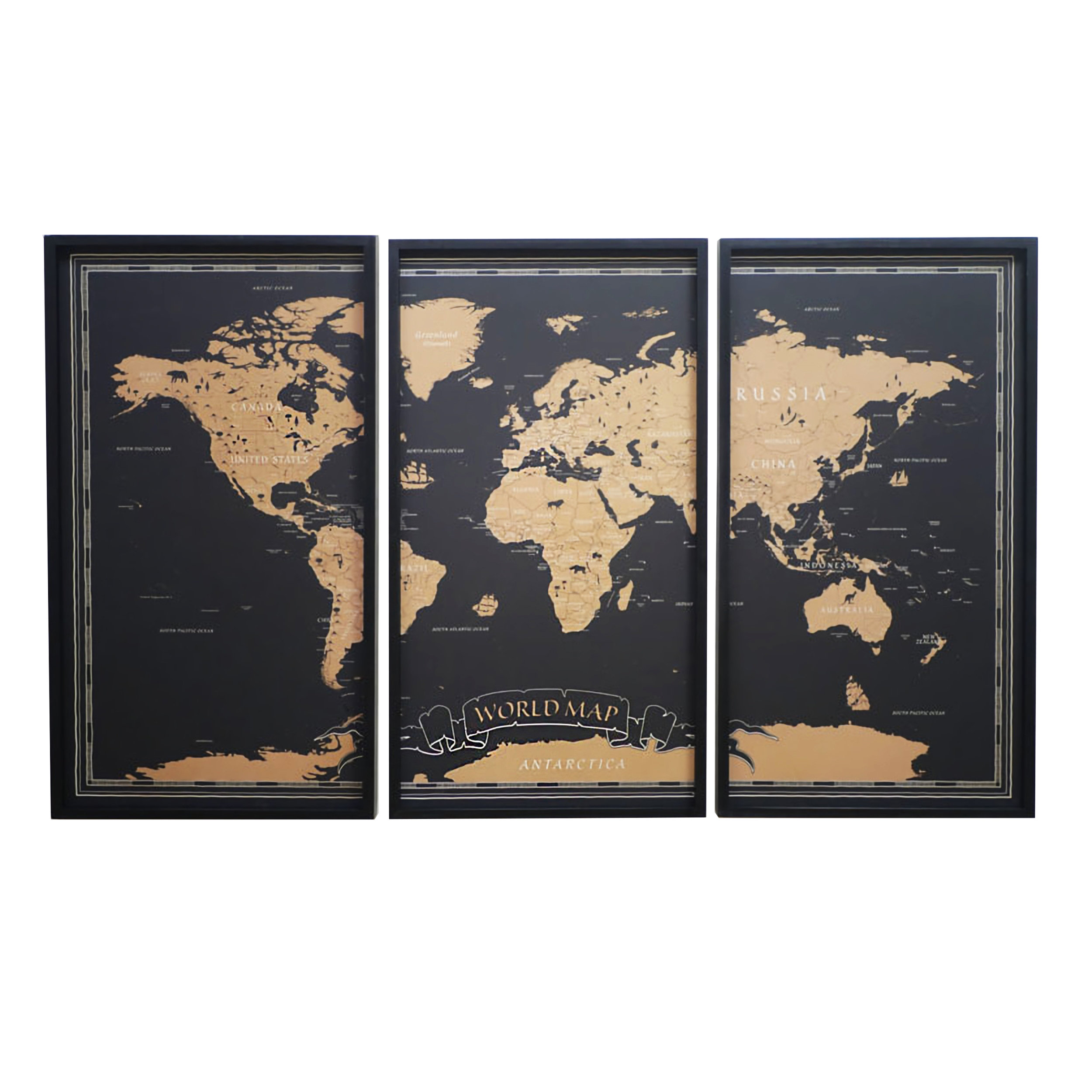Lark Manor™ Wood 30 in. Black 3-Part World Map Wall Art | Wayfair
