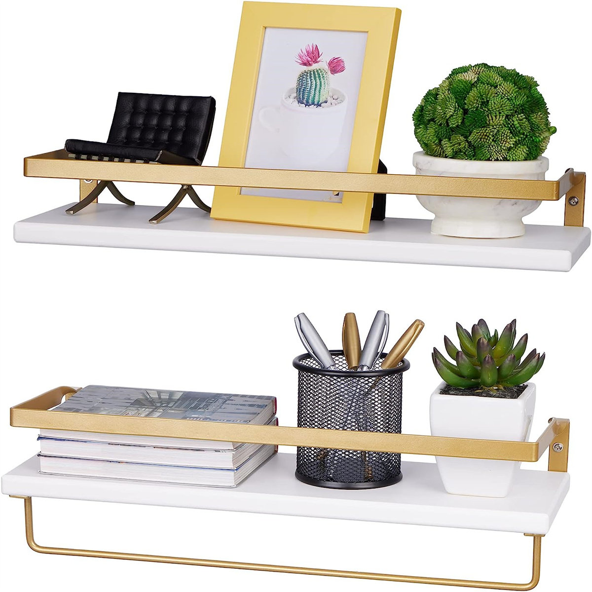 Everly Quinn Modern Floating Shelves With Rail, Modern Brass Finish ...