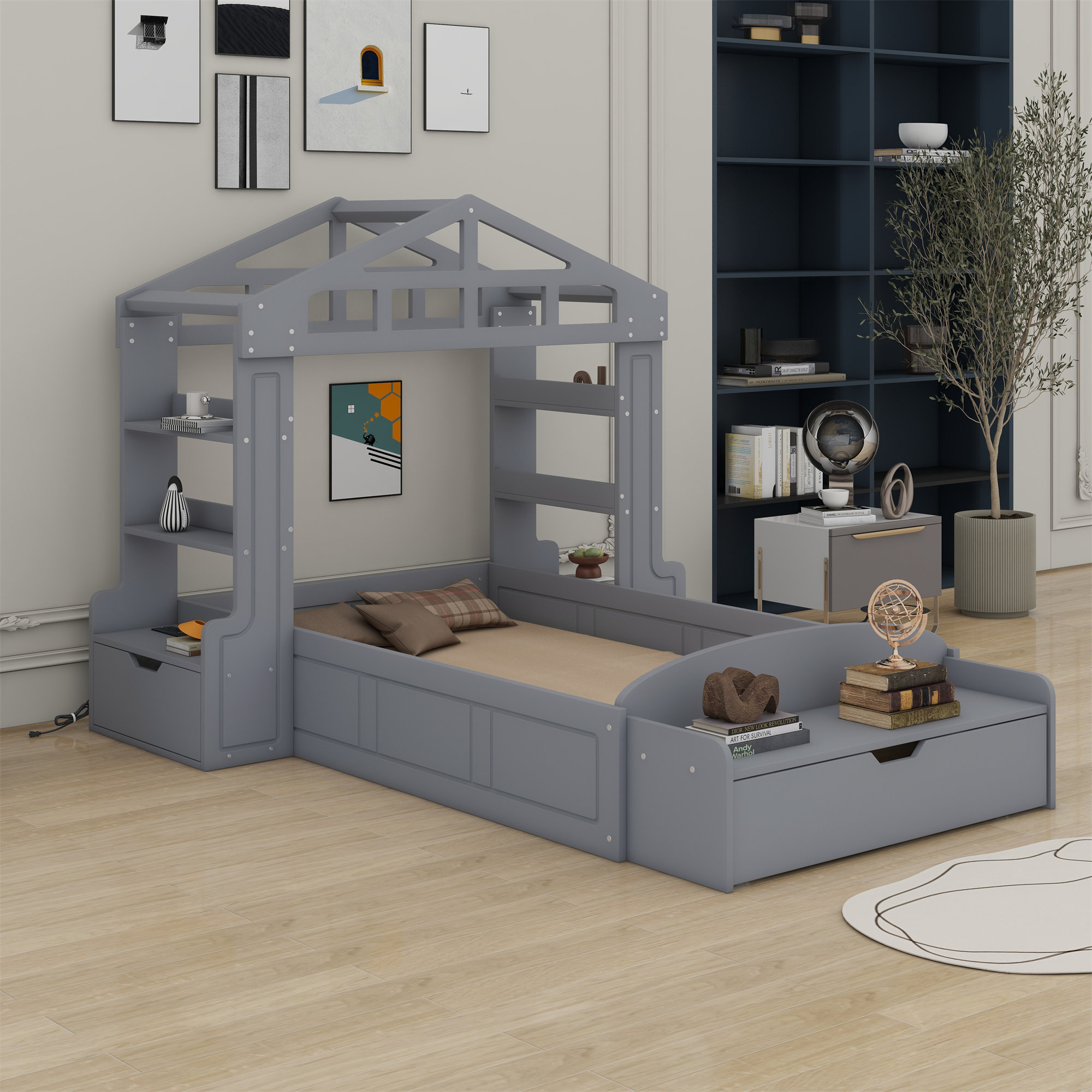 Harper Orchard House Bed With Bench, Socket And Shelves | Wayfair