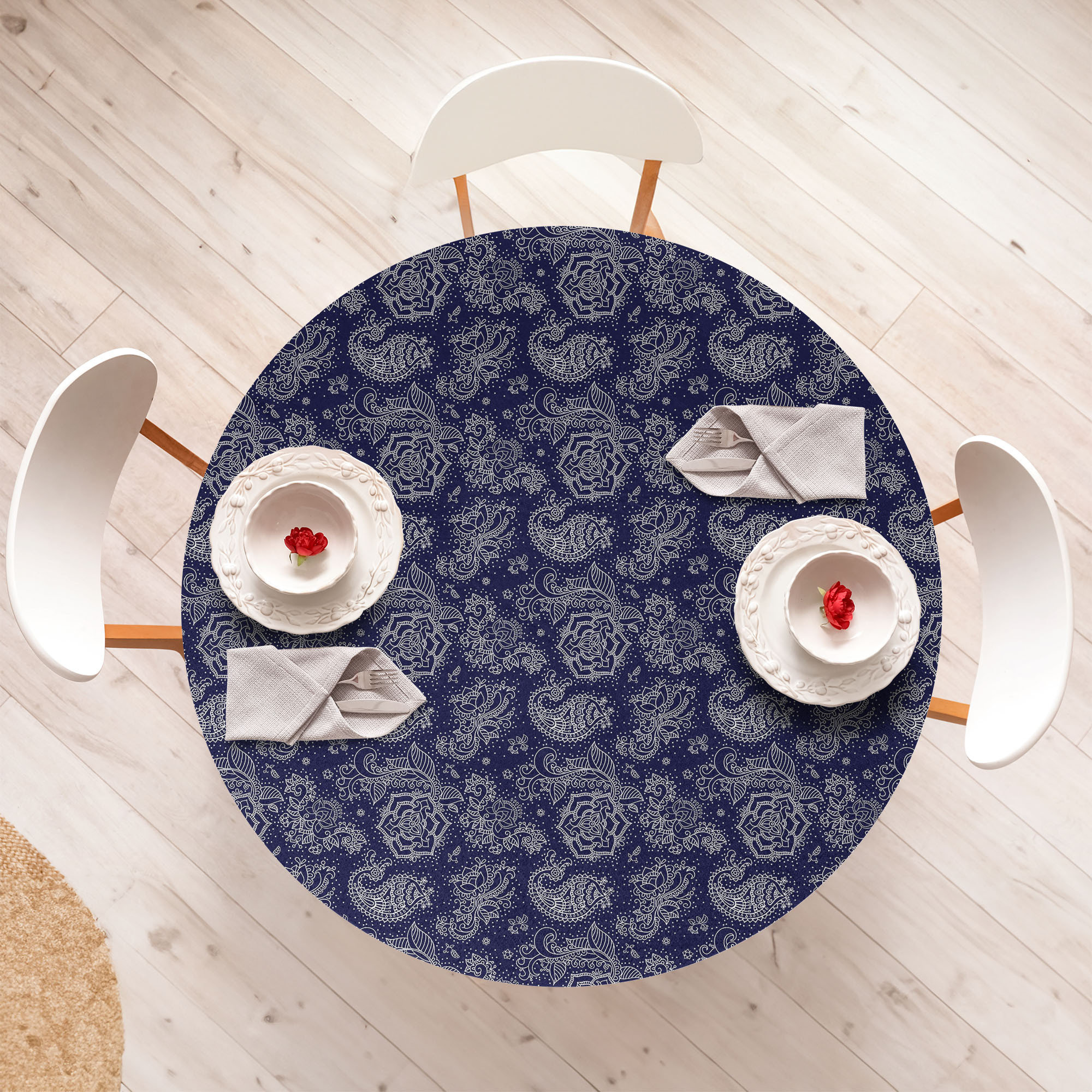Bungalow Rose Batik Fitted Round Tablecloth InIndigo White 85679 | Wayfair