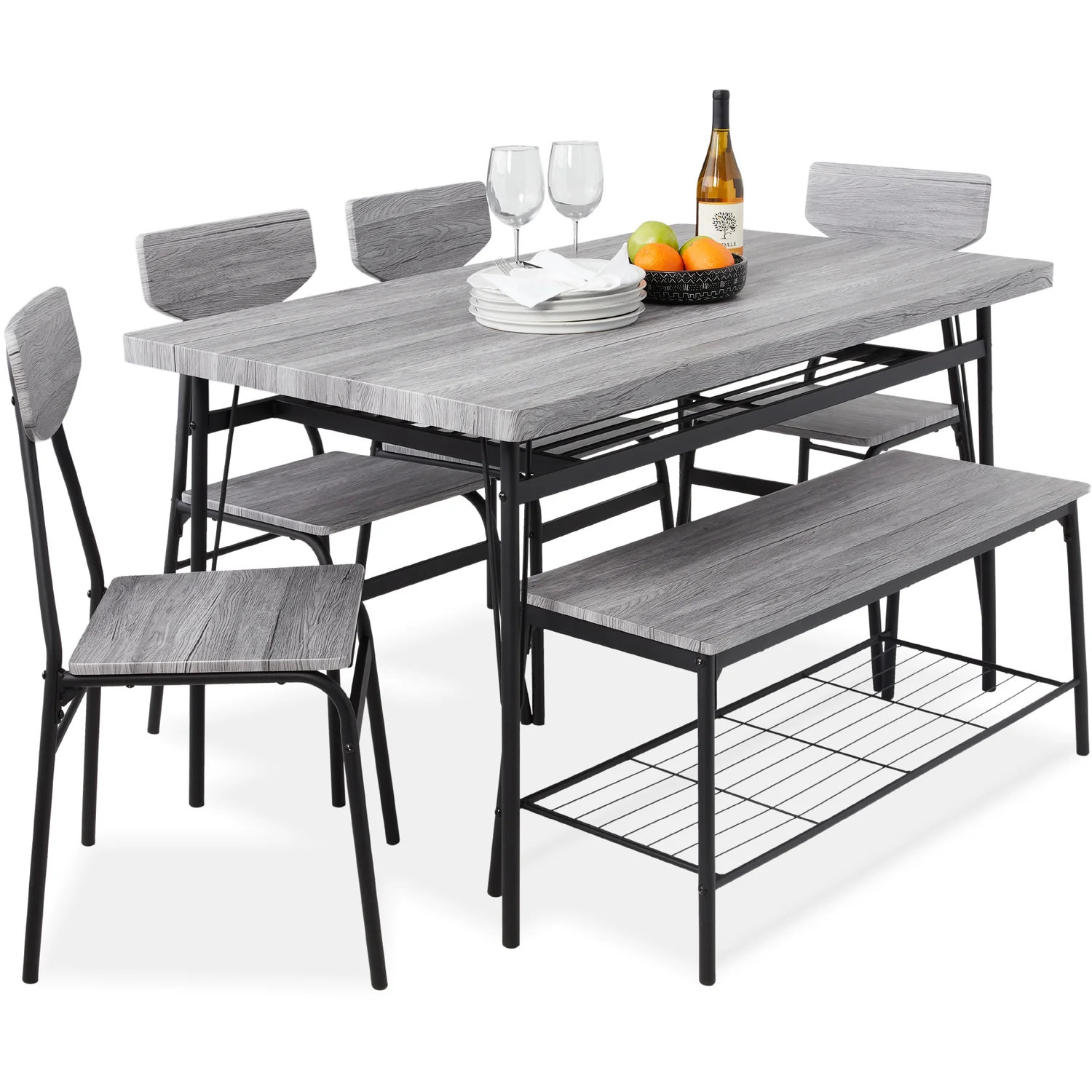 17 Stories 6-Piece Modern Dining Set W/ Storage Racks, Table, Bench, 4 ...