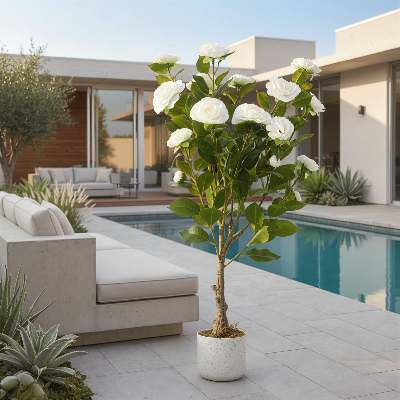 Ebern Designs 2.8FT Artificial Camellia Tree, Faux White Flowers ...