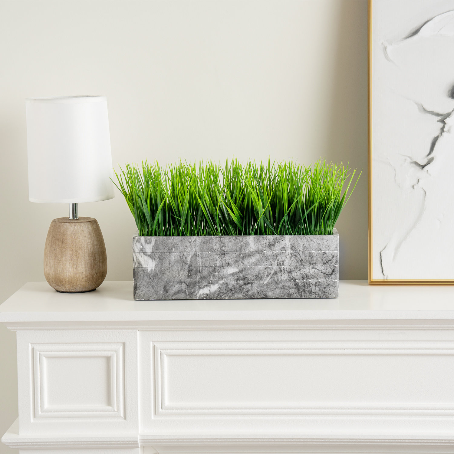 Primrue Artificial Green Grass Fake Plants in Marble Pattern Pot | Wayfair
