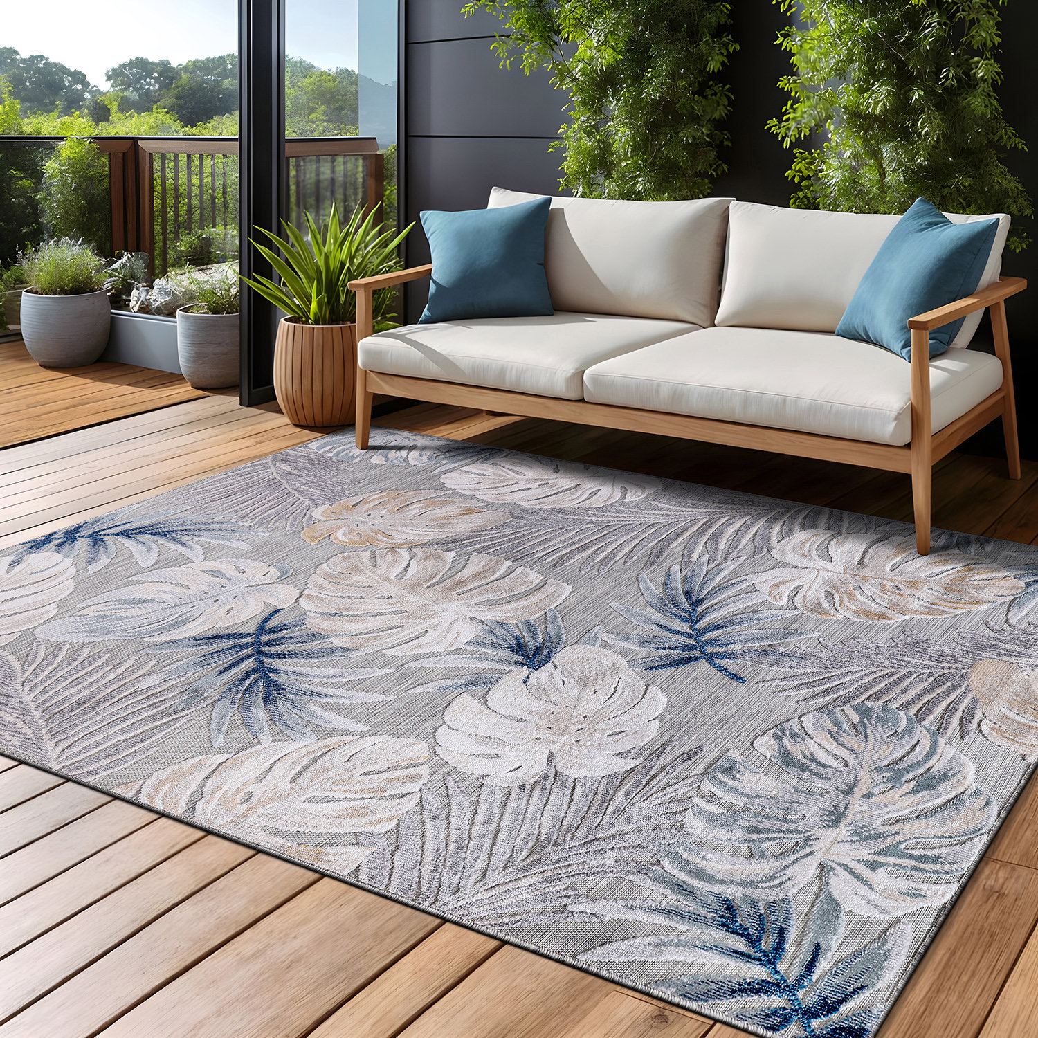 Lark Manor Chartier Gray / Blue Indoor / Outdoor Rug & Reviews | Wayfair