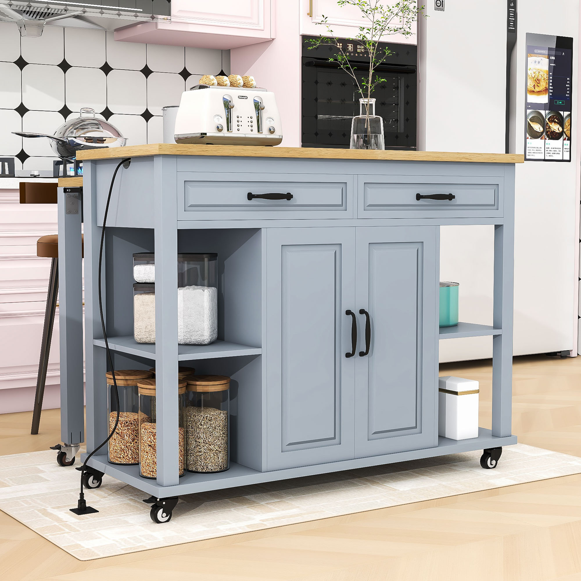 Lark Manor™ Extendable Kitchen Island with 2 Drawers, Storage Cabient ...