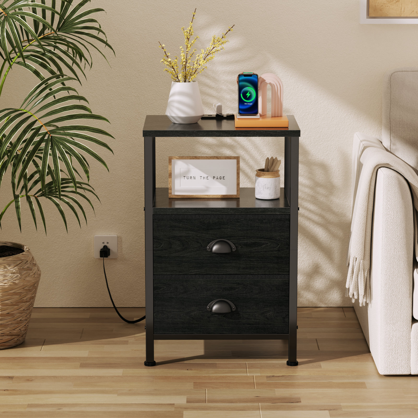 Furco 2PCS Nightstand with Charging Station LED End Table with 2 ...