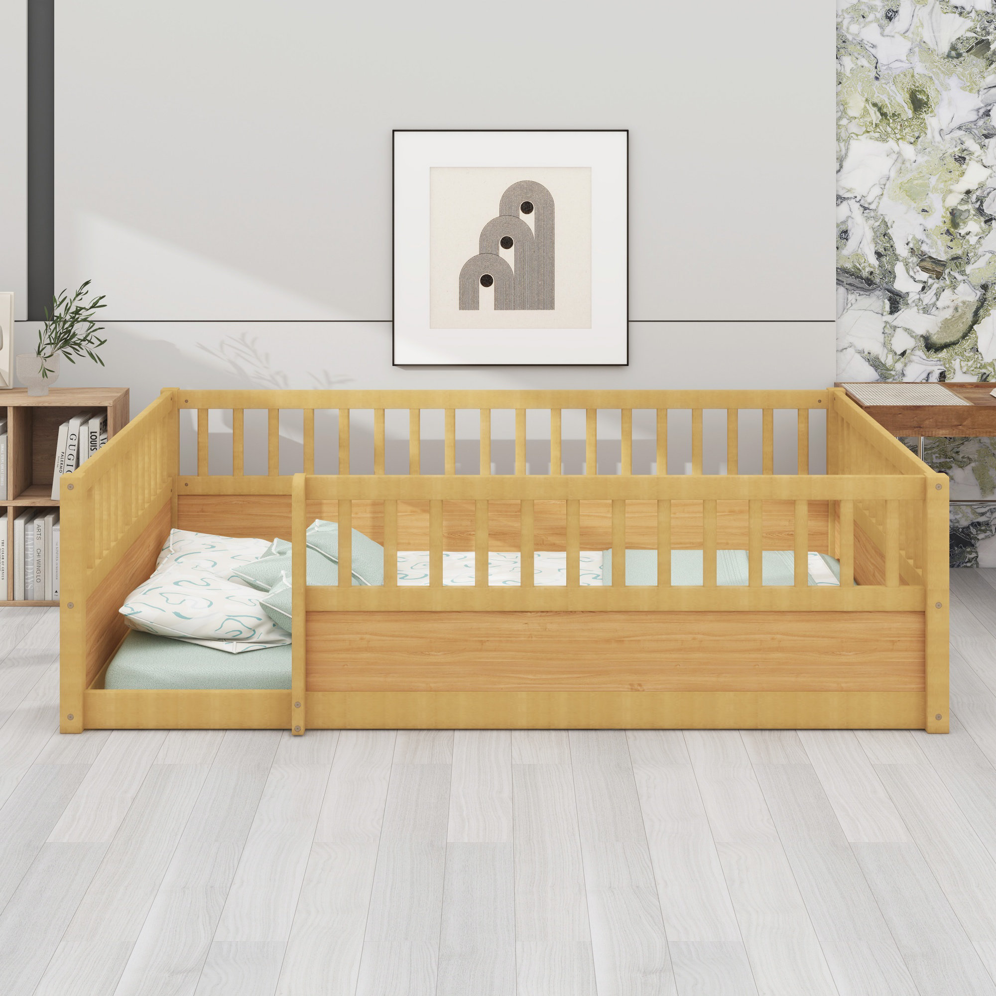 Latitude Run® Floor Bed Frame With Fence, Montessori Wooden Children's ...