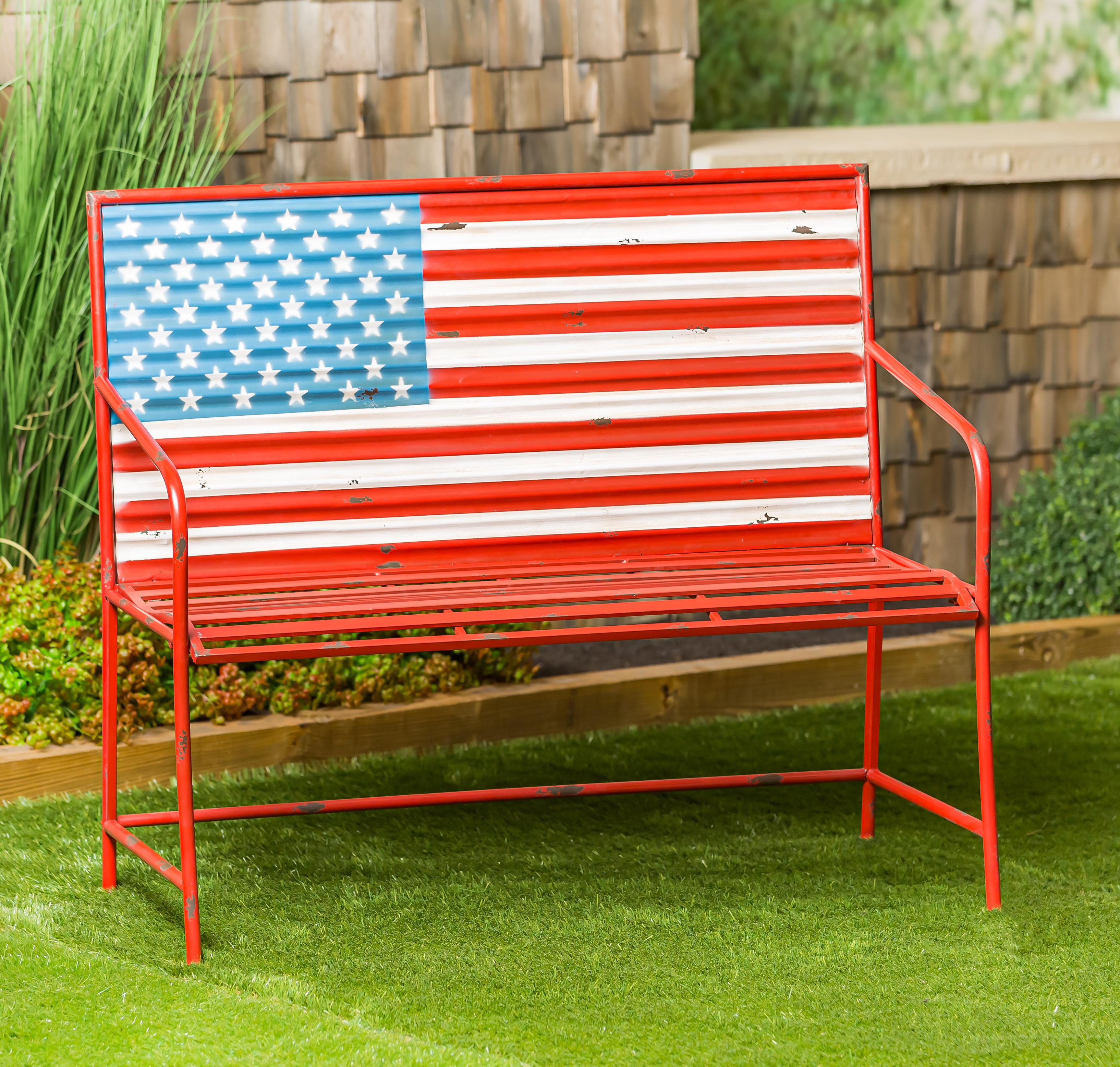 August Grove® Bennie American Flag Metal Garden Bench - Wayfair Canada