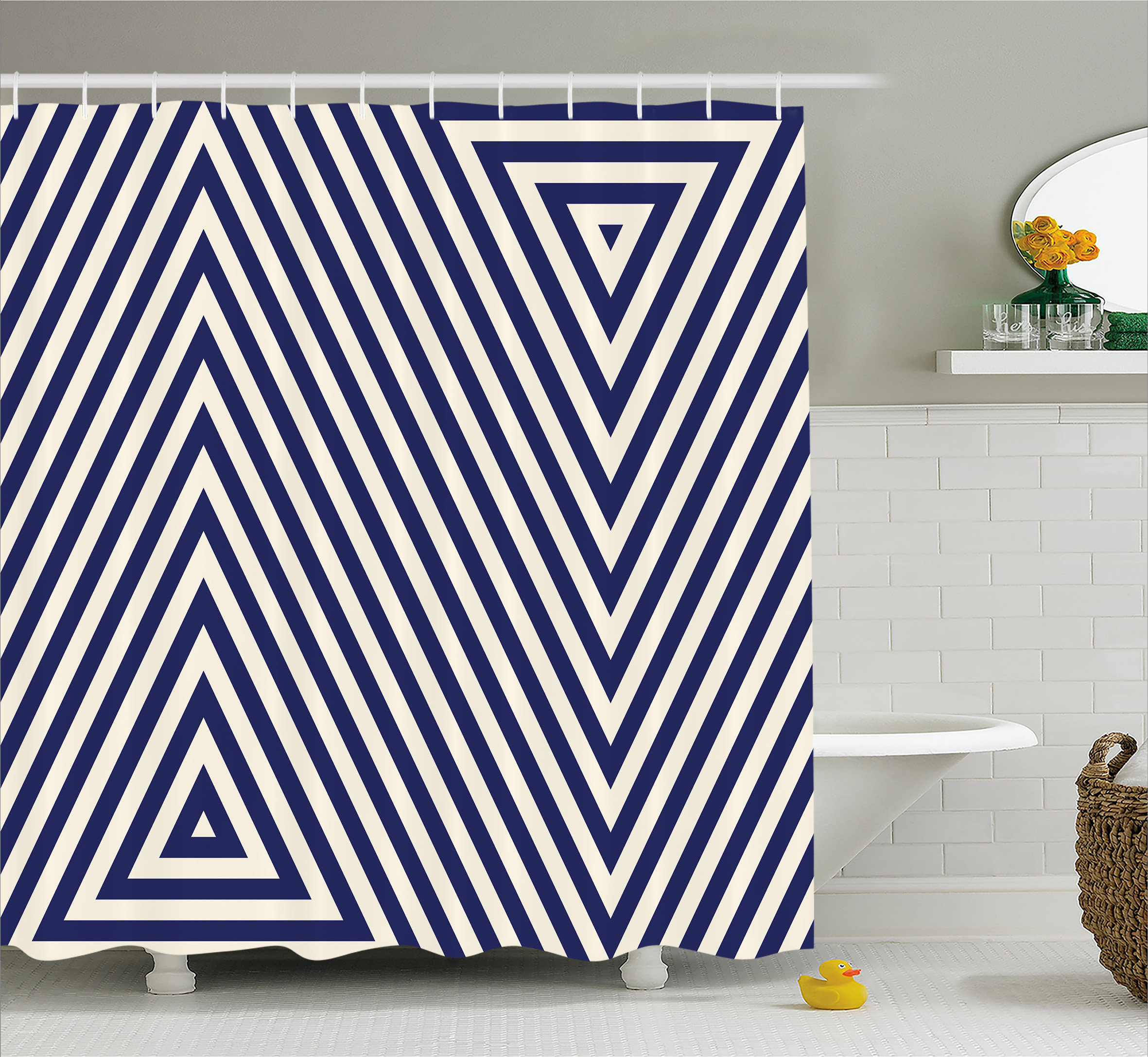 George Oliver Triangle and Stripes Shower Curtain + Hooks | Wayfair