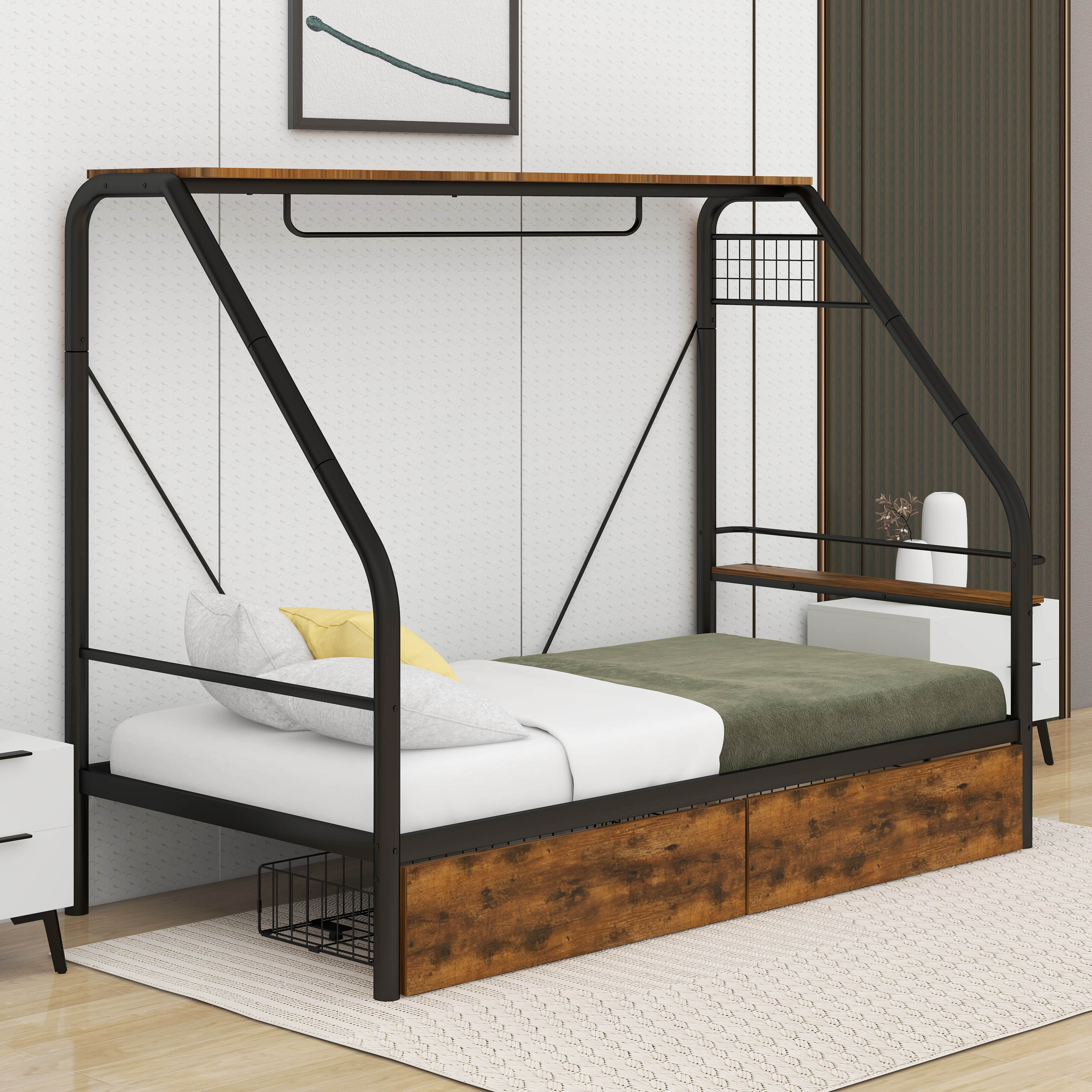 Mason & Marbles Twin Size Metal Frame Platform Bed With Clothes Rack ...