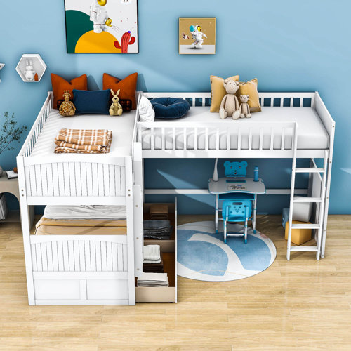 Harriet Bee Twin Over Twin & Twin 2 Drawer Wooden L-Shaped Bunk Beds ...
