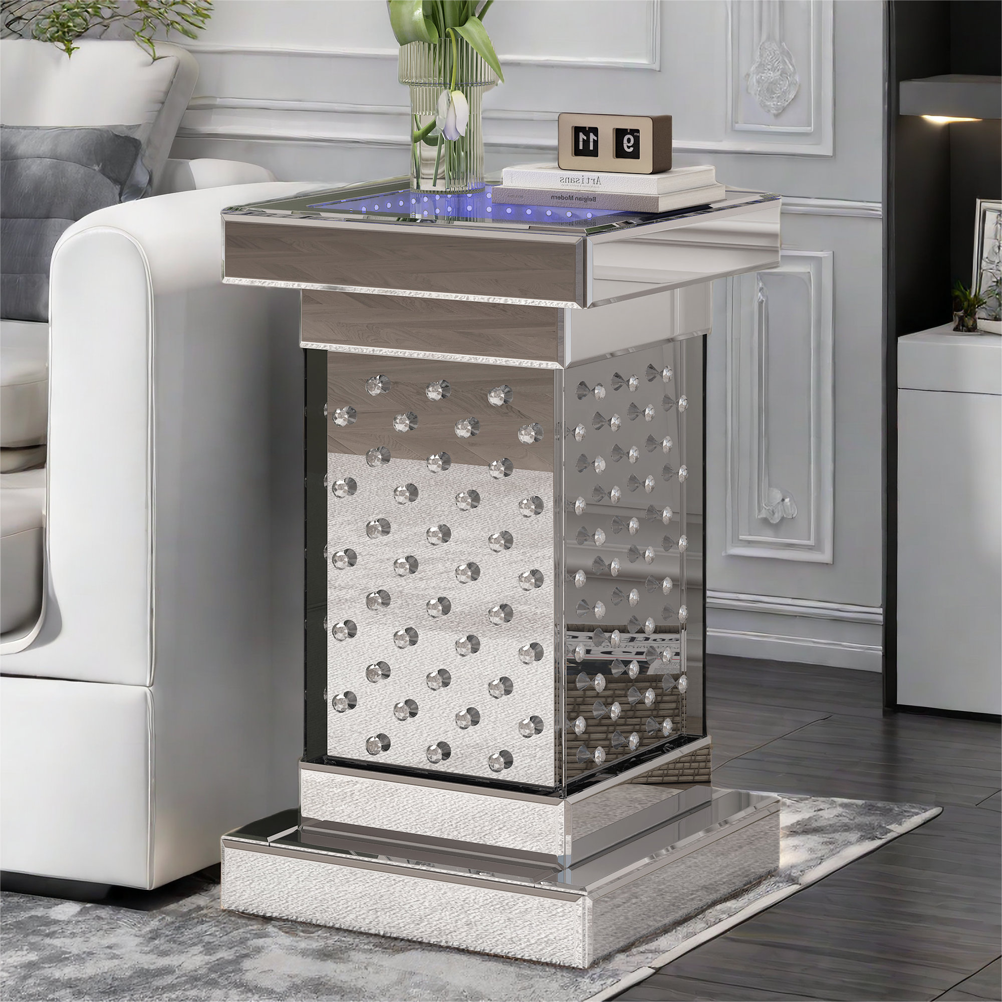 Mercer41 Silver Square End Table With Led Light, Crystal Inlay And ...