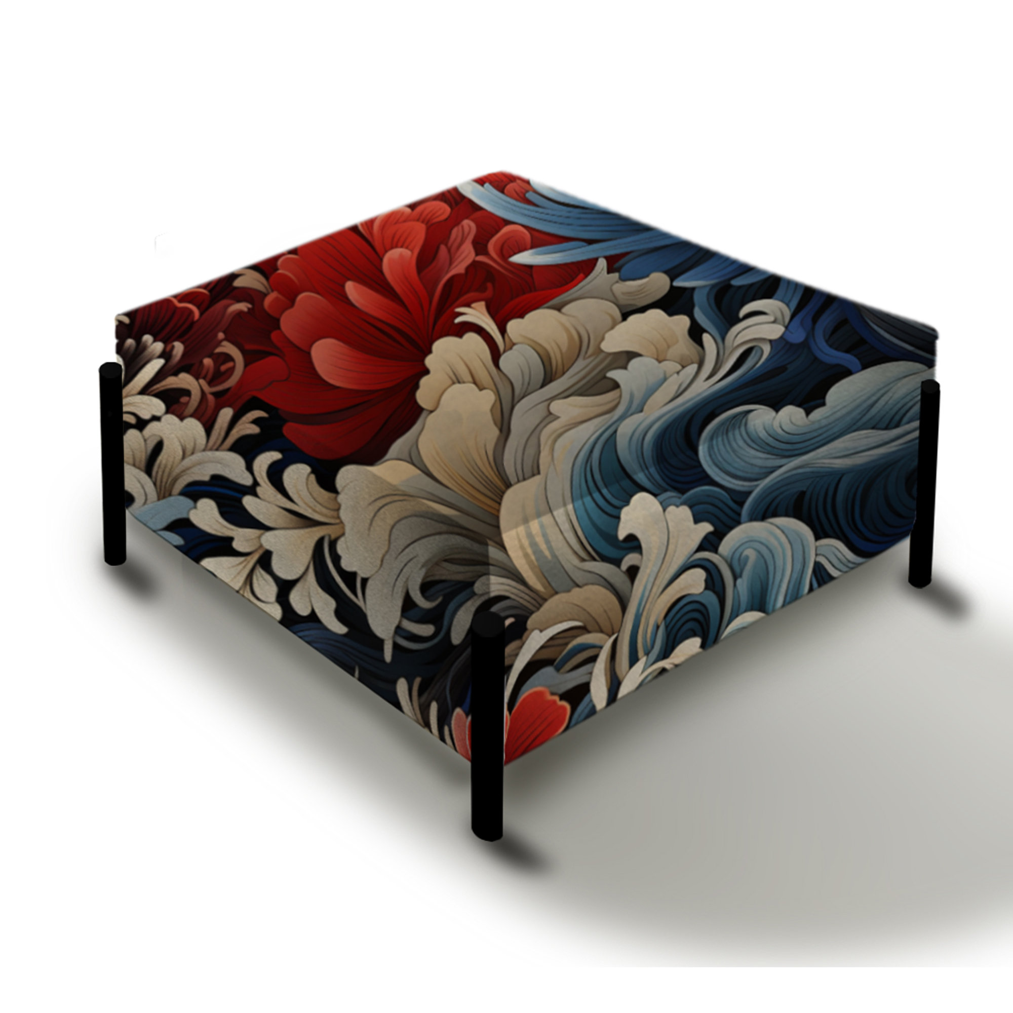 Design Art Woodblock Impressions - Oriental Floral Large Square Ottoman ...