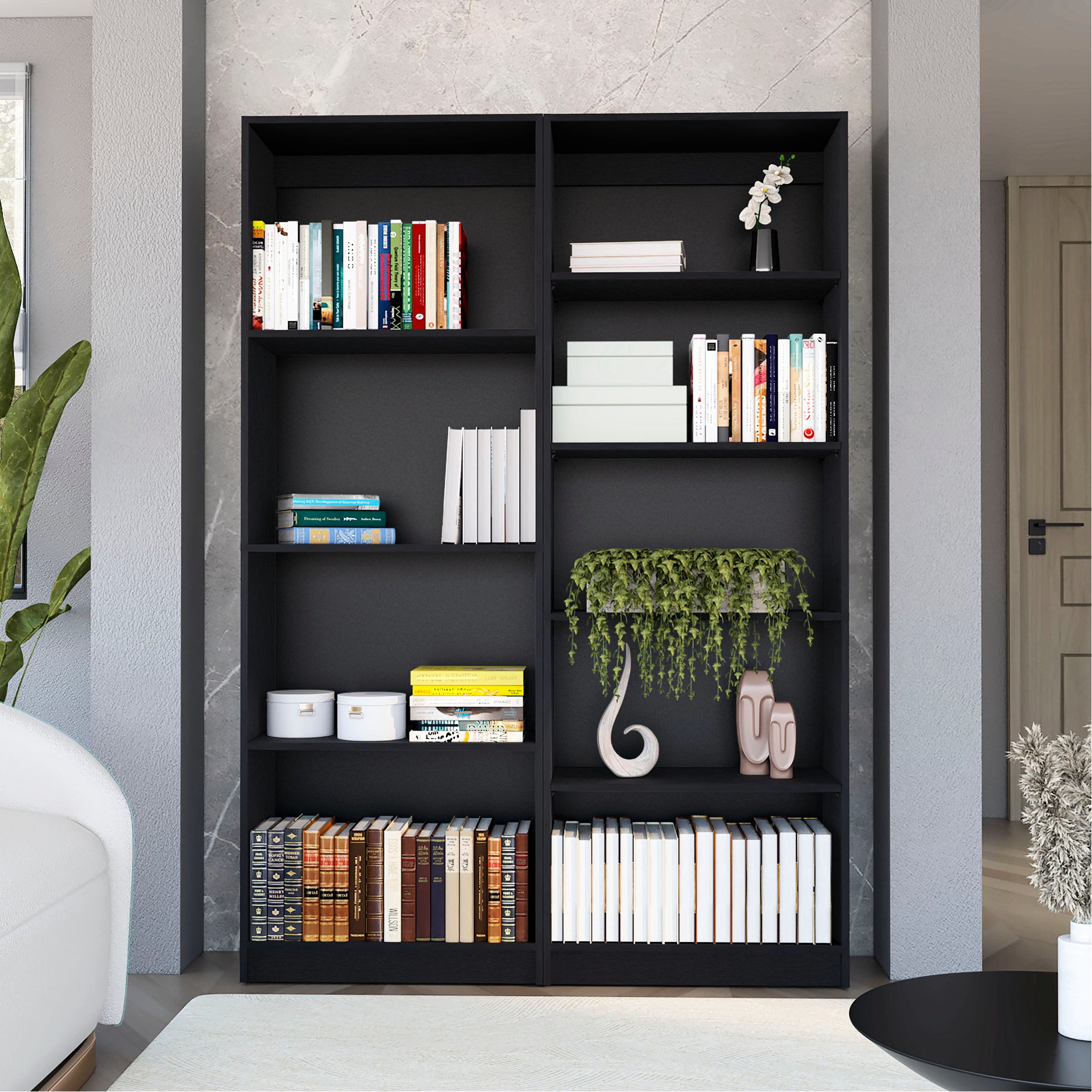 ArtisanArcade Living Room With 2 Black Bookcases - 7-Shelf Geometric ...