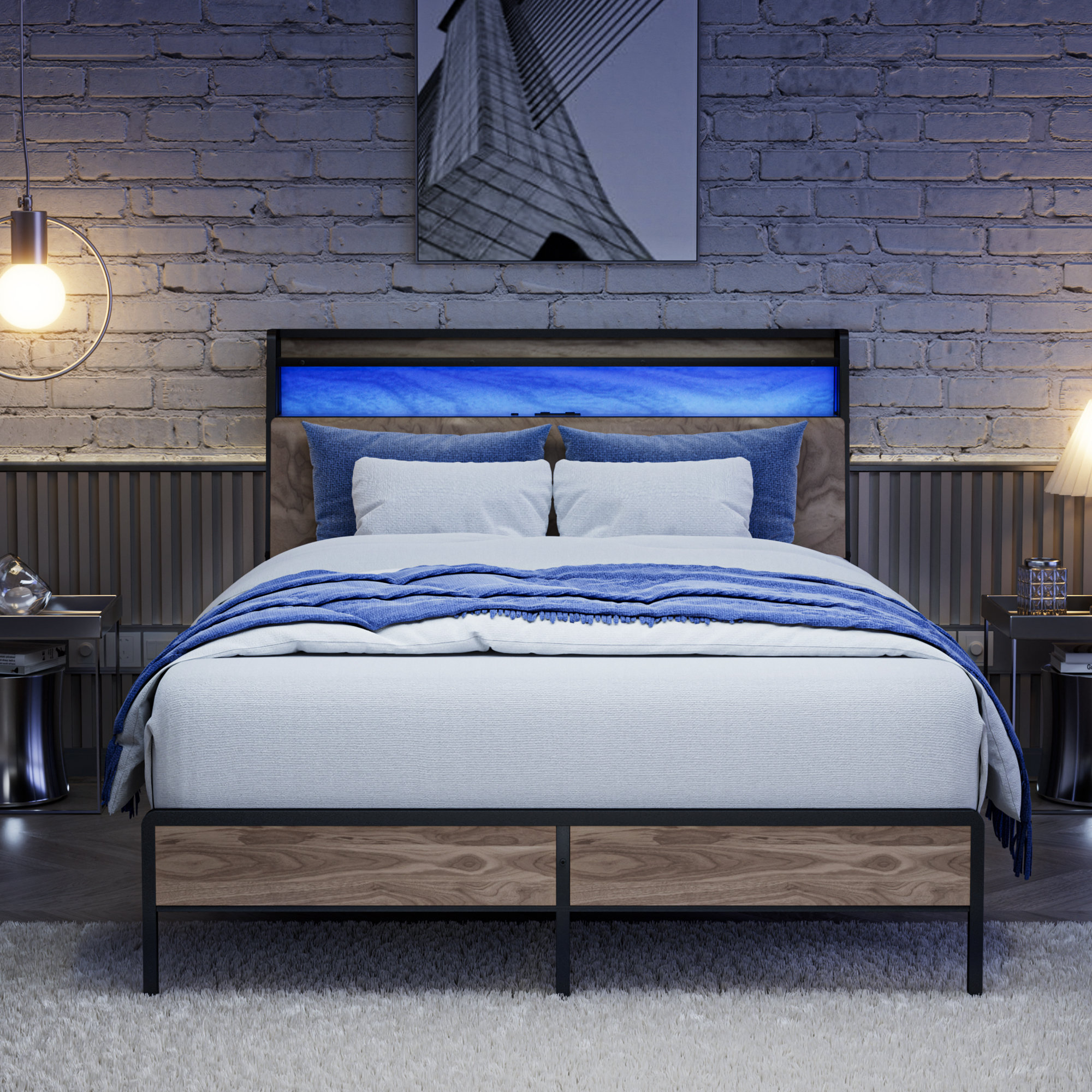 Ivy Bronx Kokaras Platform Metal Bed Frame with RGB Lights and 2-Tier ...