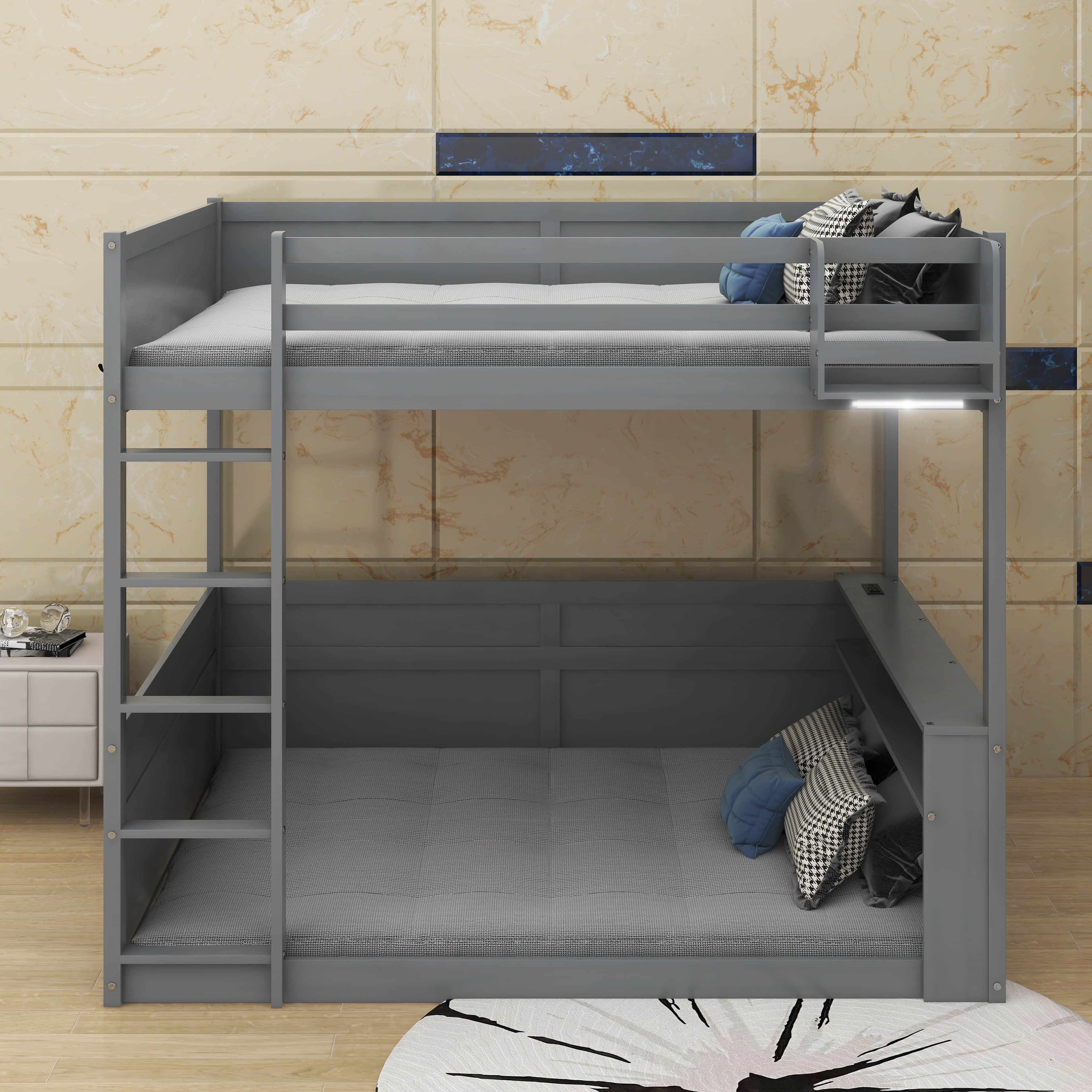 Ivy Bronx Queen Size Wooden Bunk Bed With Built-In Shelves, LED Light ...