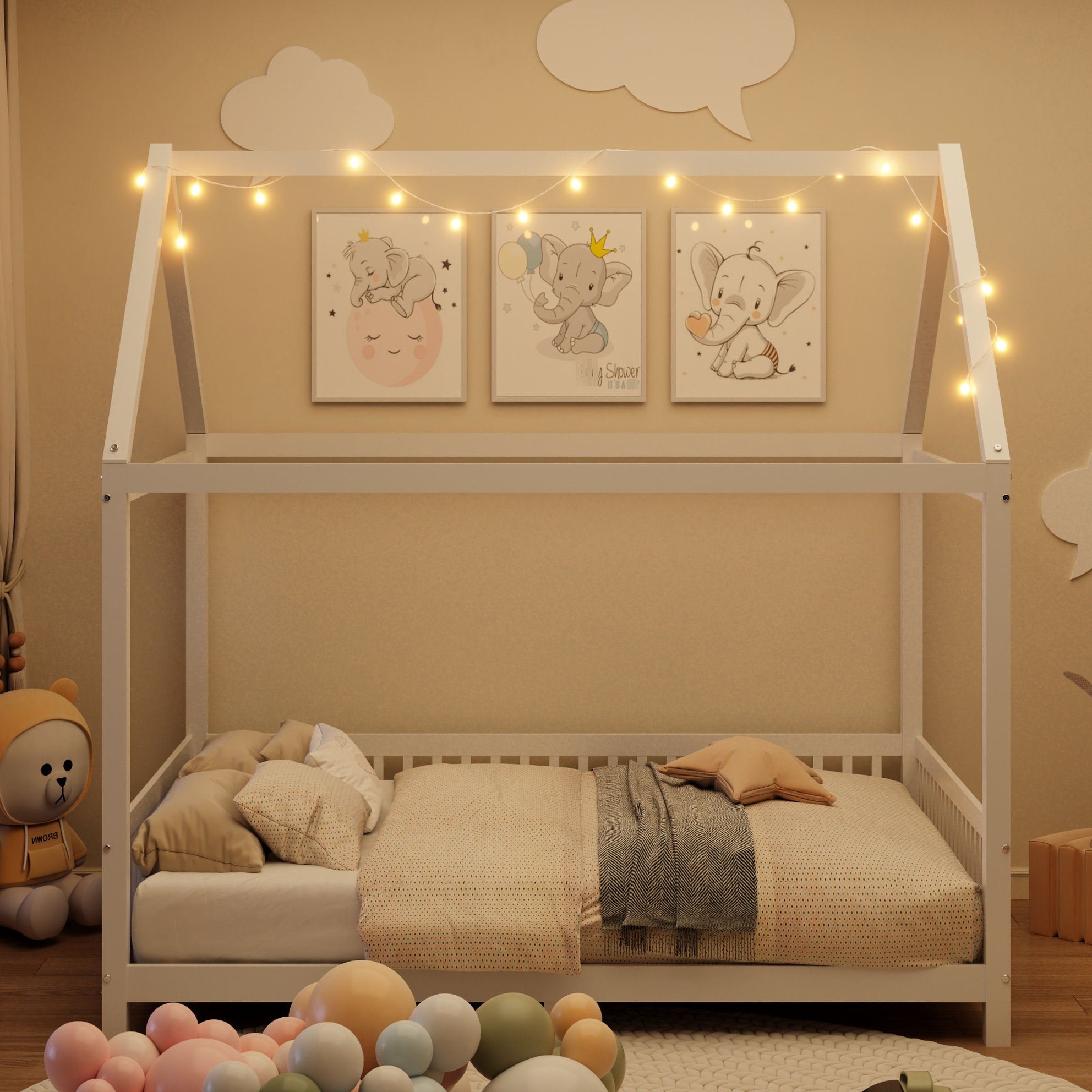 BoudoirBloom Wood Twin House Bed With Guardrail And Led Lighting, White ...