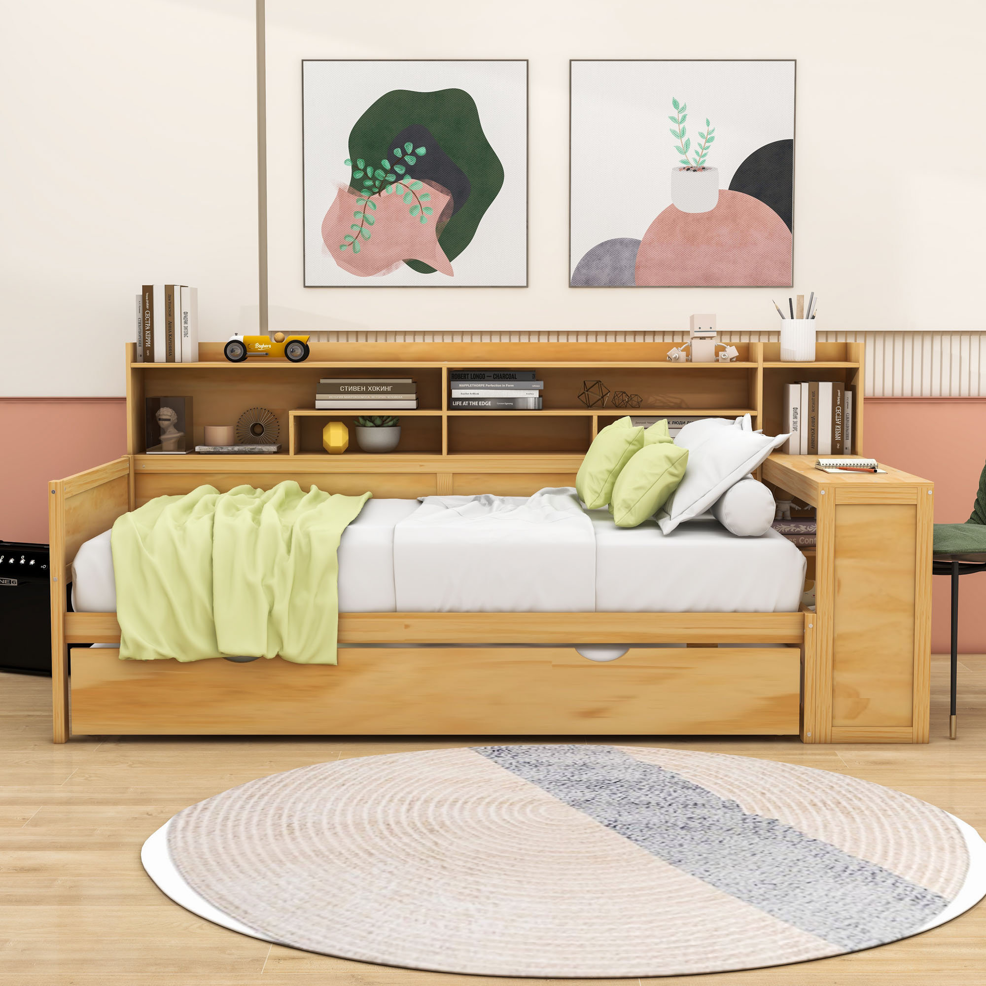 Lark Manor Wooden Daybed with Built-In Study Desk, Twin Trundle and Side Storage Shelves ...