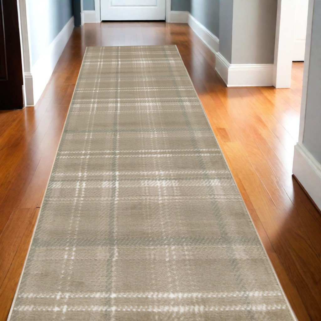 HomeRoots 12' Taupe and Ivory Plaid Runner Rug | Wayfair