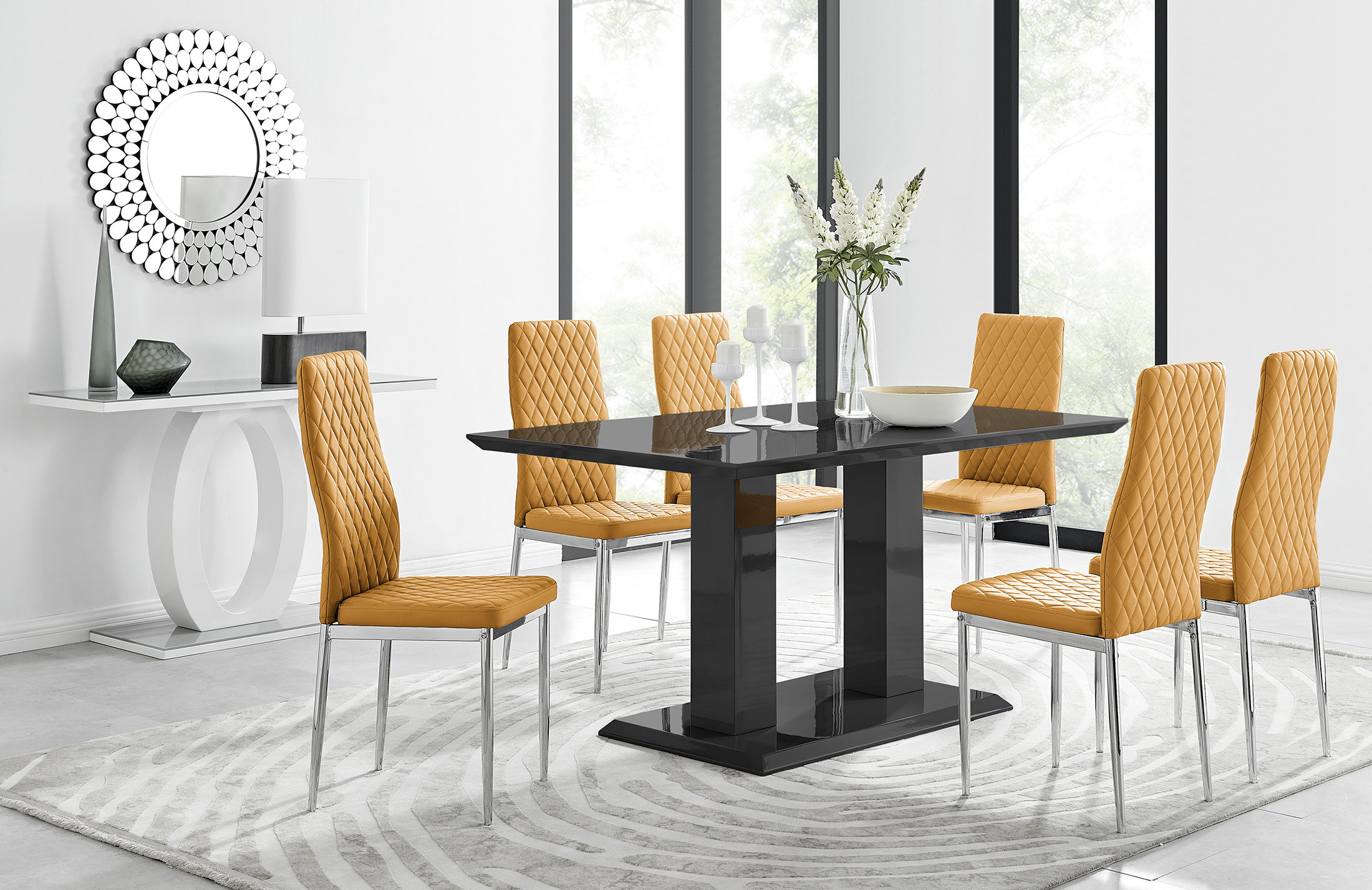 Canora Grey Edzard Double Pedestal High Gloss Dining Table Set with 6 ...