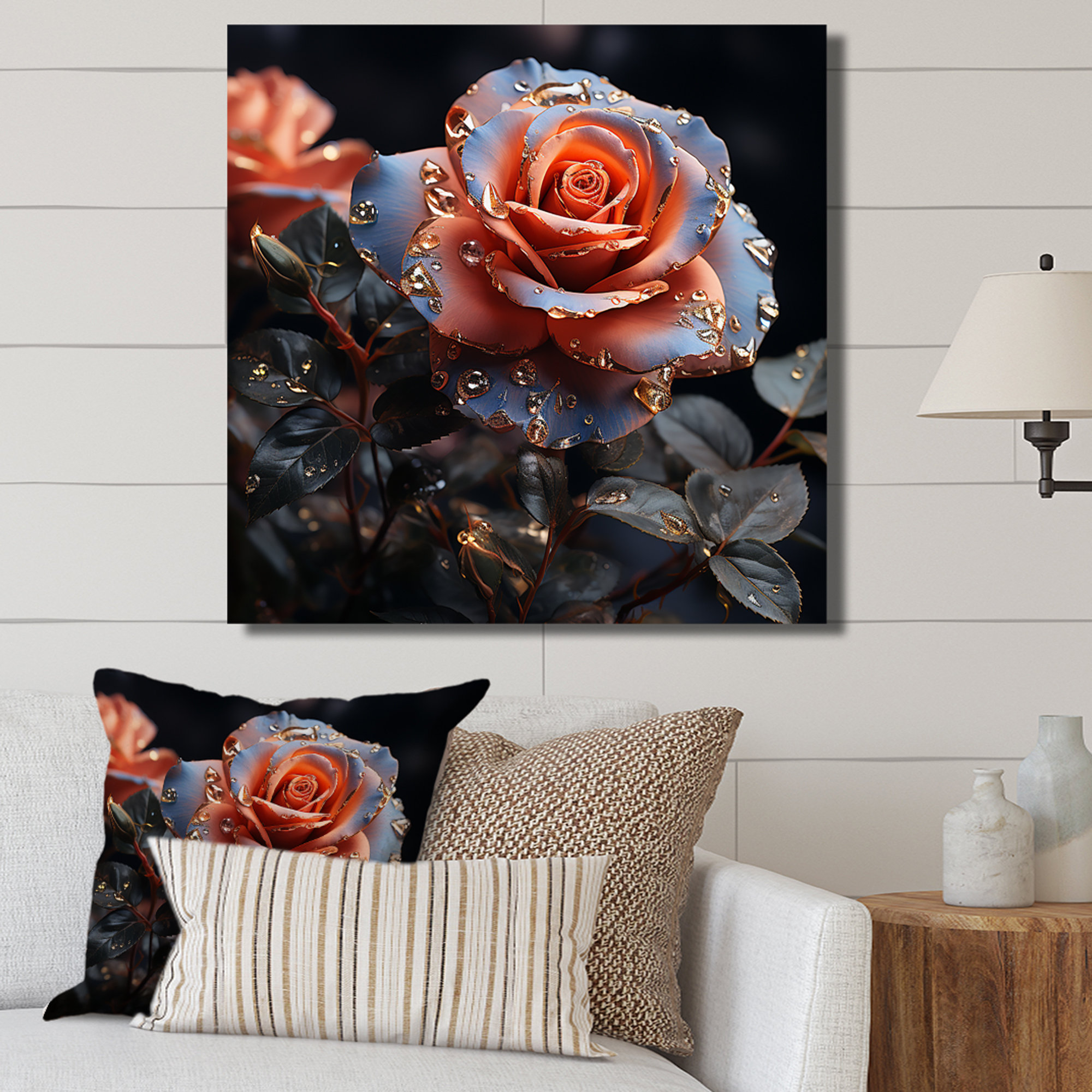 House of Hampton® Gold And Blue Rose Passion On Canvas Print | Wayfair