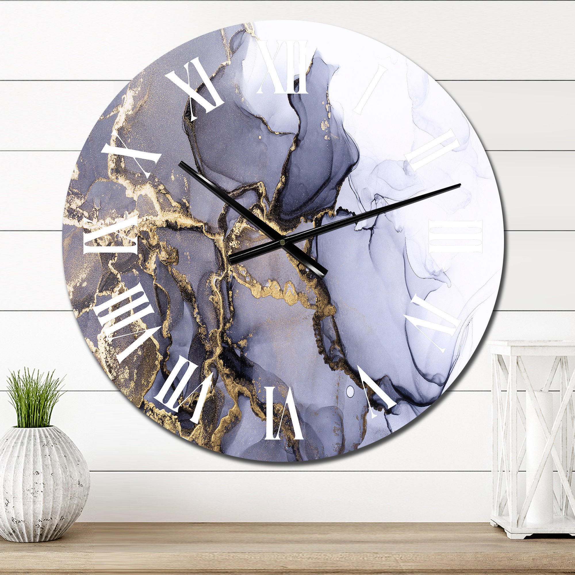 East Urban Home Grey and Shiny Golden Alcohol ink - Modern Wall Clock ...
