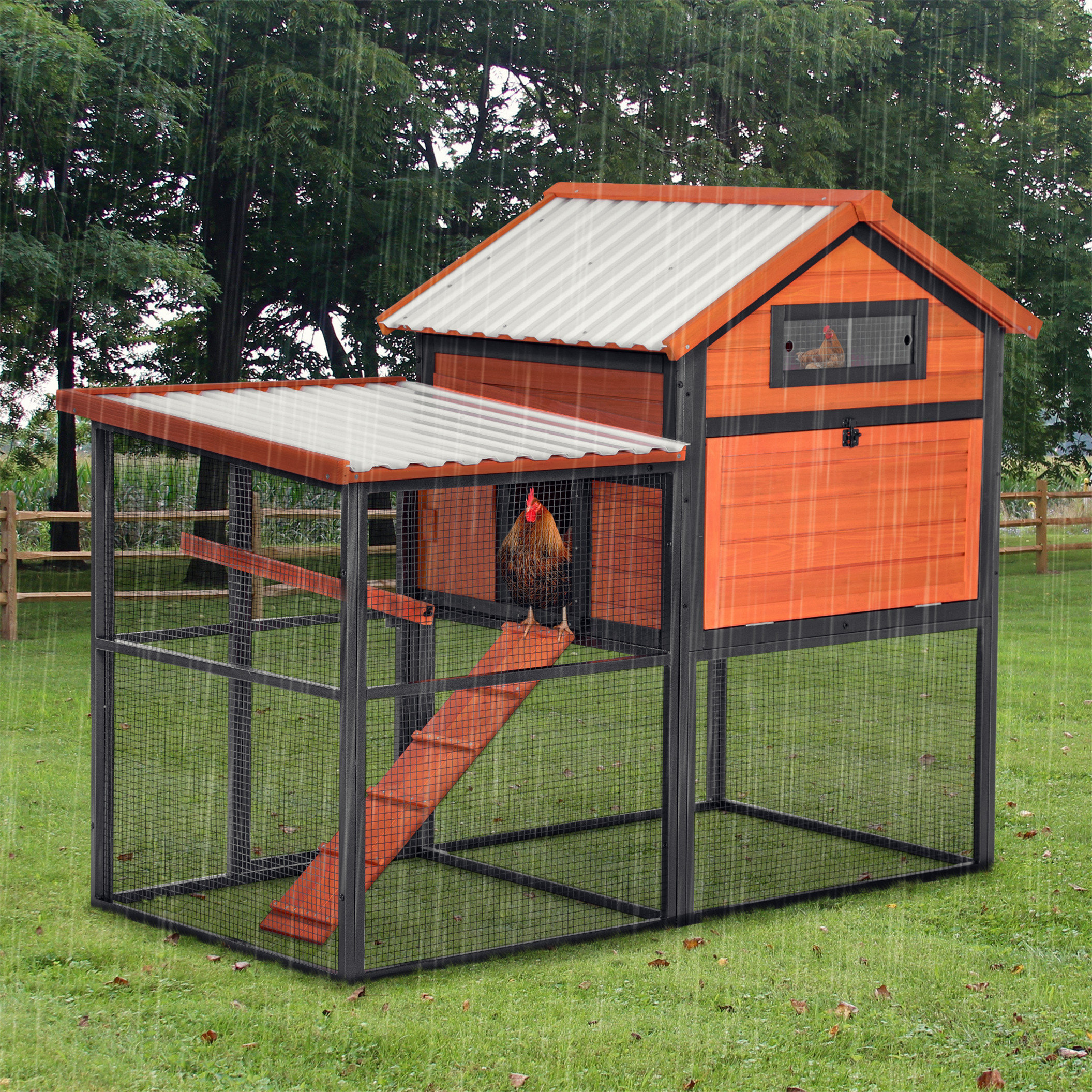 One Allium Way® Wood & Iron Chicken Coop with Runway | Waterproof PVC ...