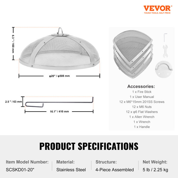 VEVOR Round Fire Pit Spark Screen Round Stainless Steel Spark Screen ...