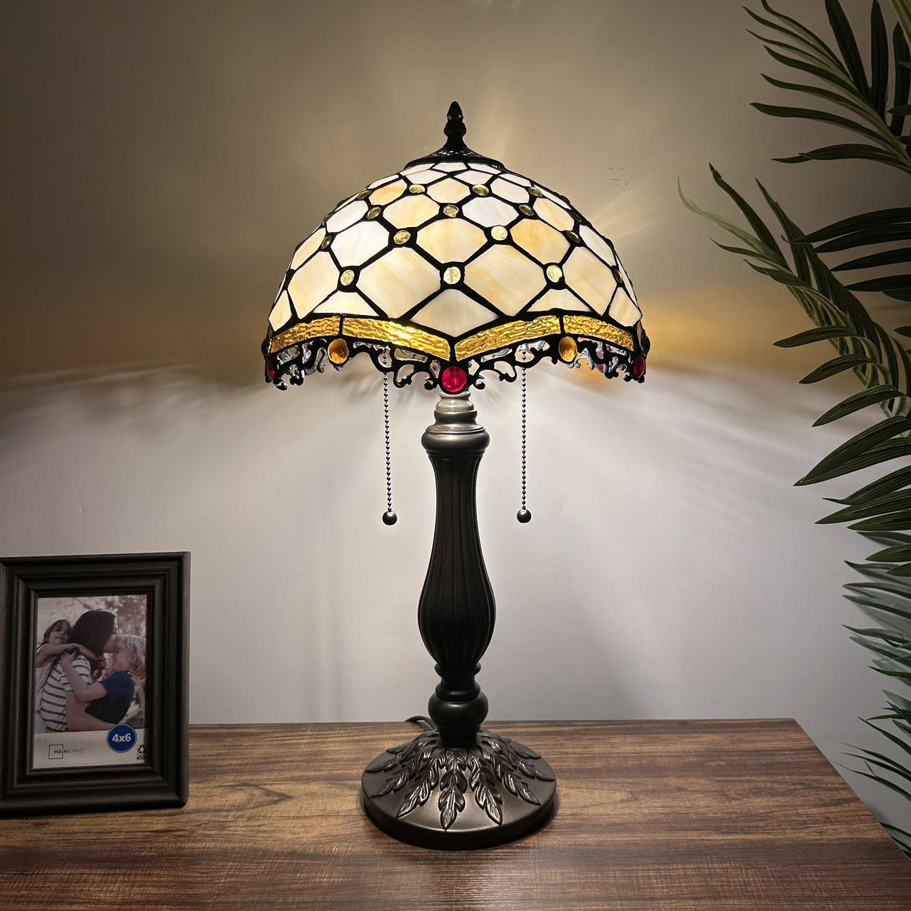Canora Grey Bernhardina Tiffany Style Table Lamp Beige Stained Glass ...