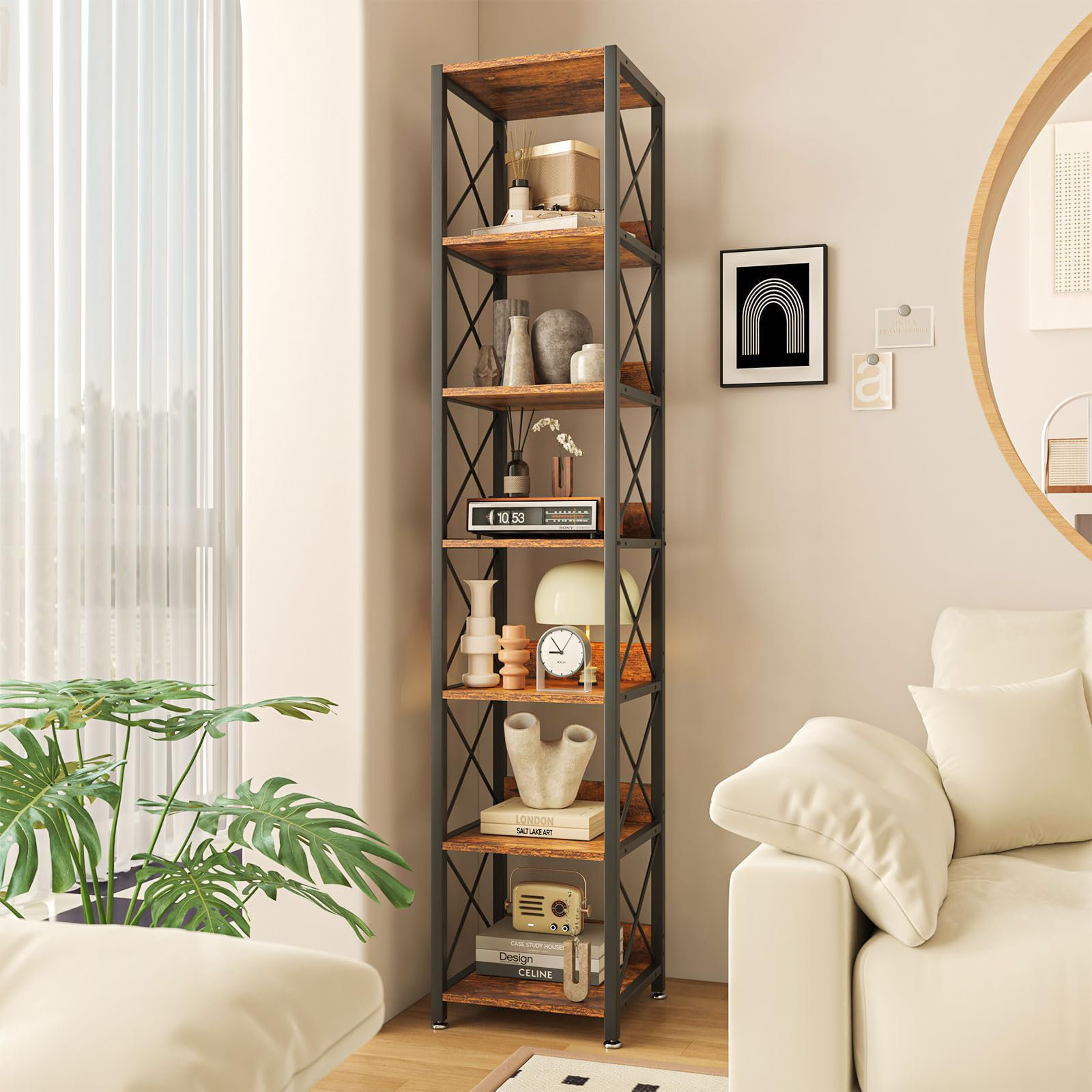 17 Stories 6-Tier Tall Narrow Bookcase,Wood Corner Shelf Storage ...
