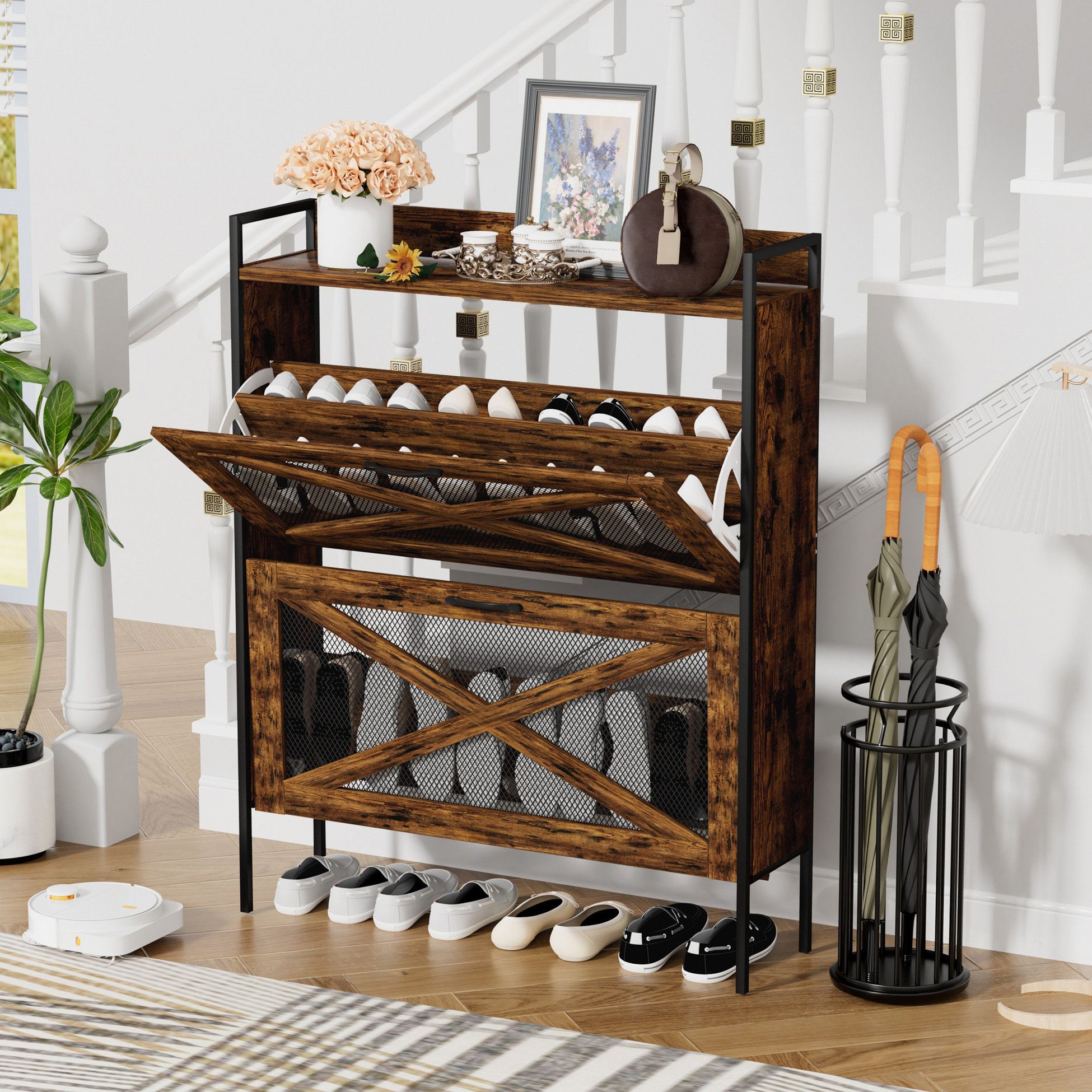 Latitude Run® A Shoe Cabinet With 2 Flip-Top Drawers, An Entryway Shoe Cabinet, A Narrow ...